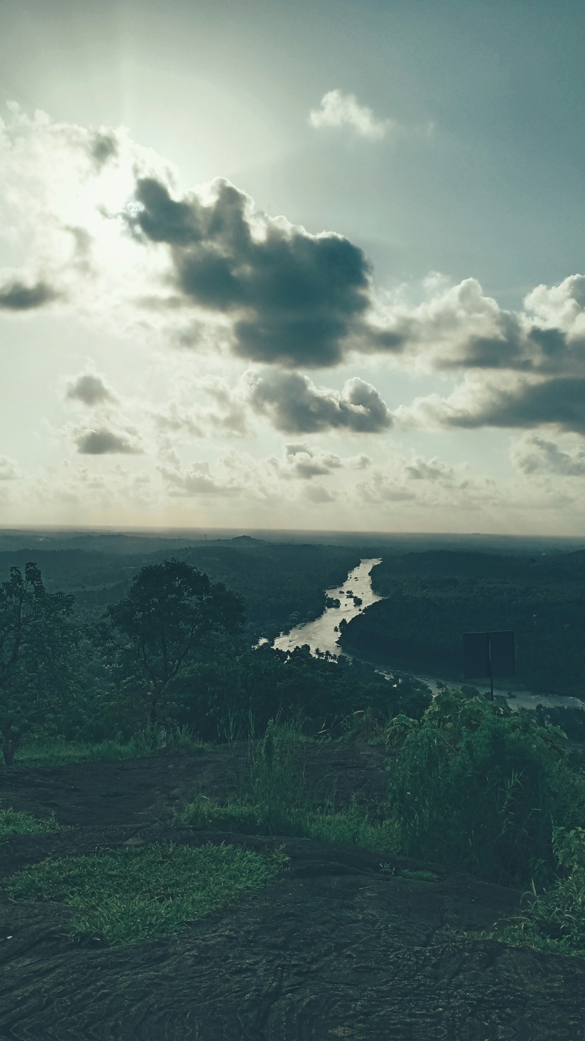 Hillside vantage overlooking a serpentine river winding through a forested valley under a cloud-streaked sky.