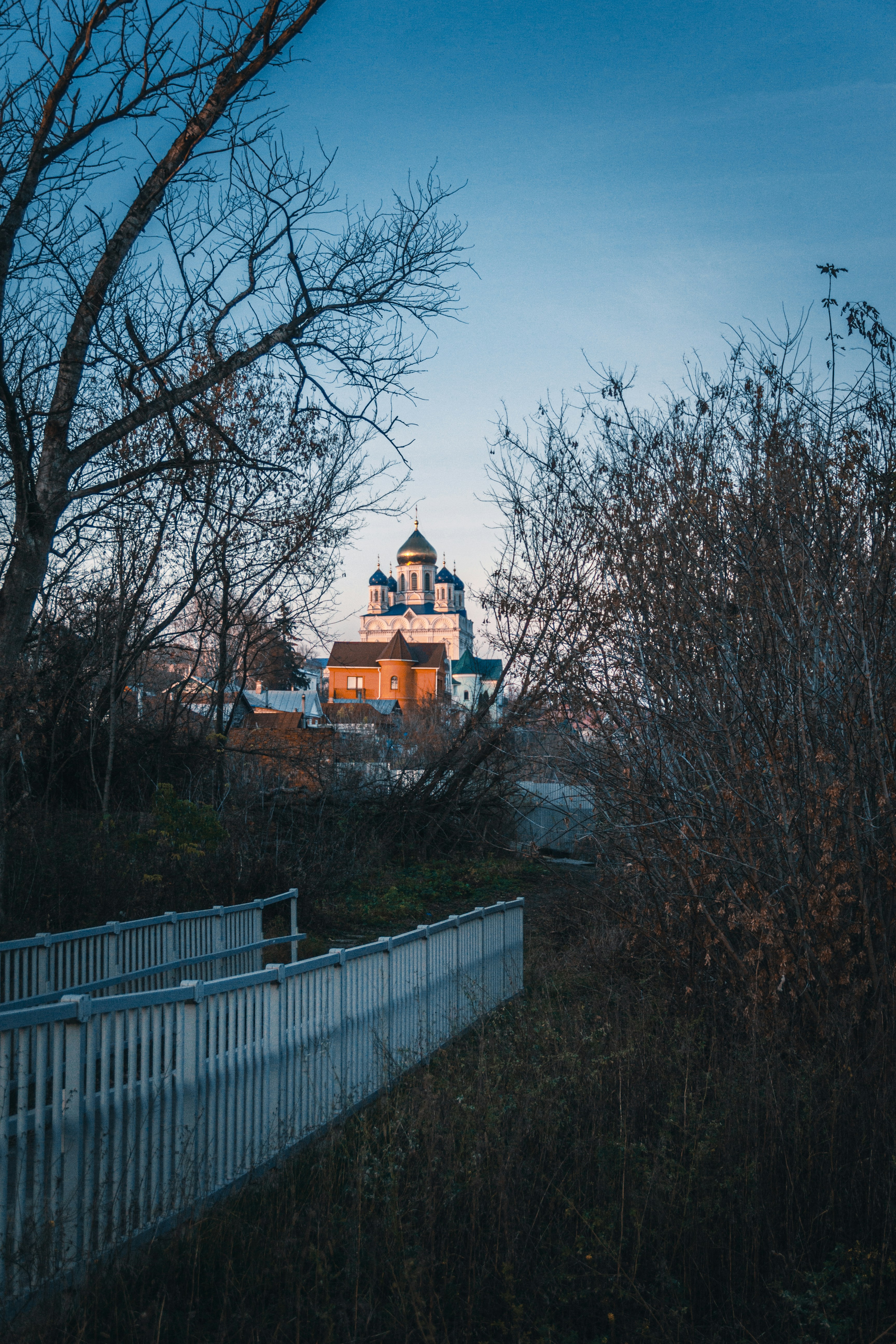 Church on the Hill Bathed in Dusk Light Beyond a Framing of Winter Branches