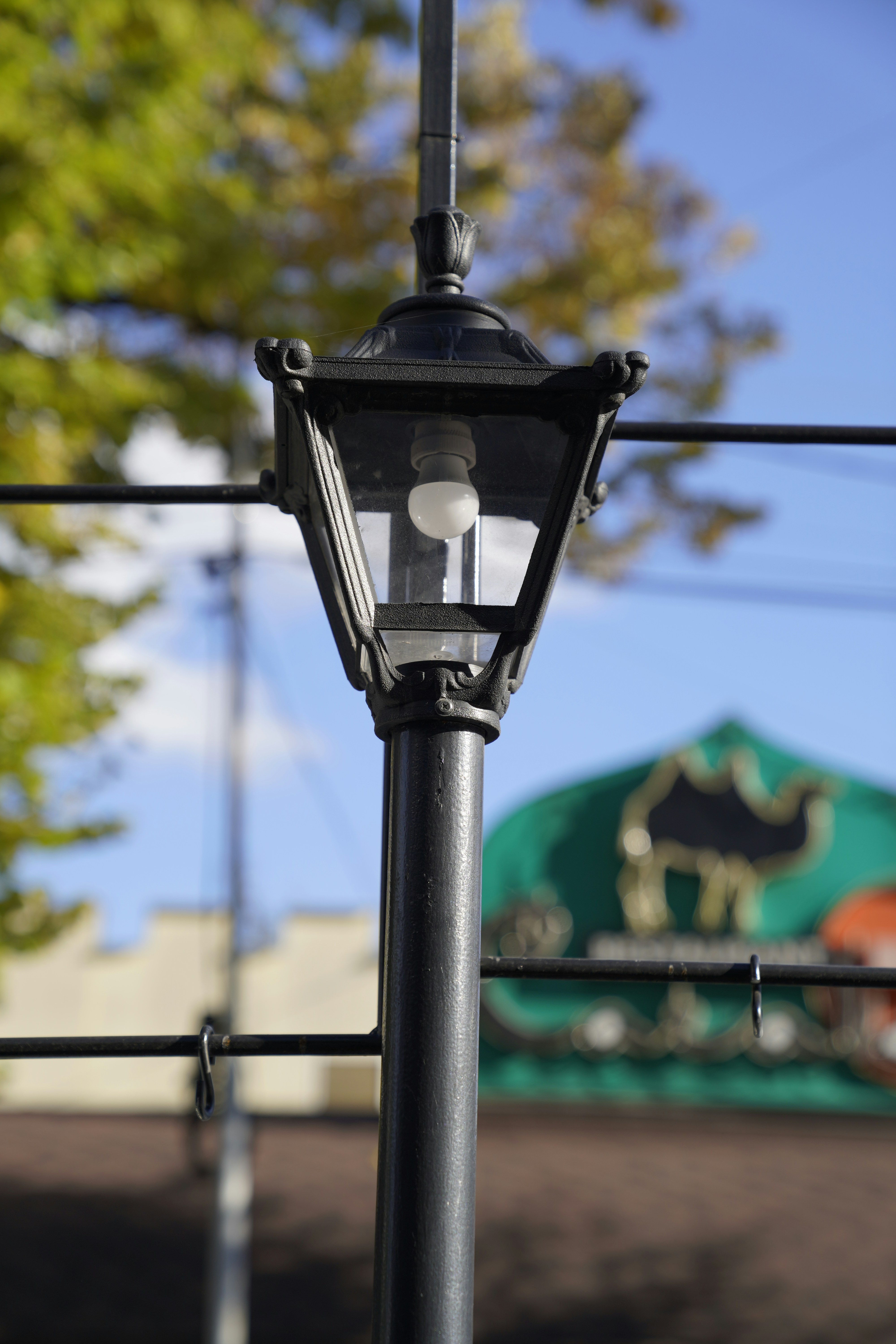 Streetlamp in Focus: A Quiet Moment Under a Bannered Skyline