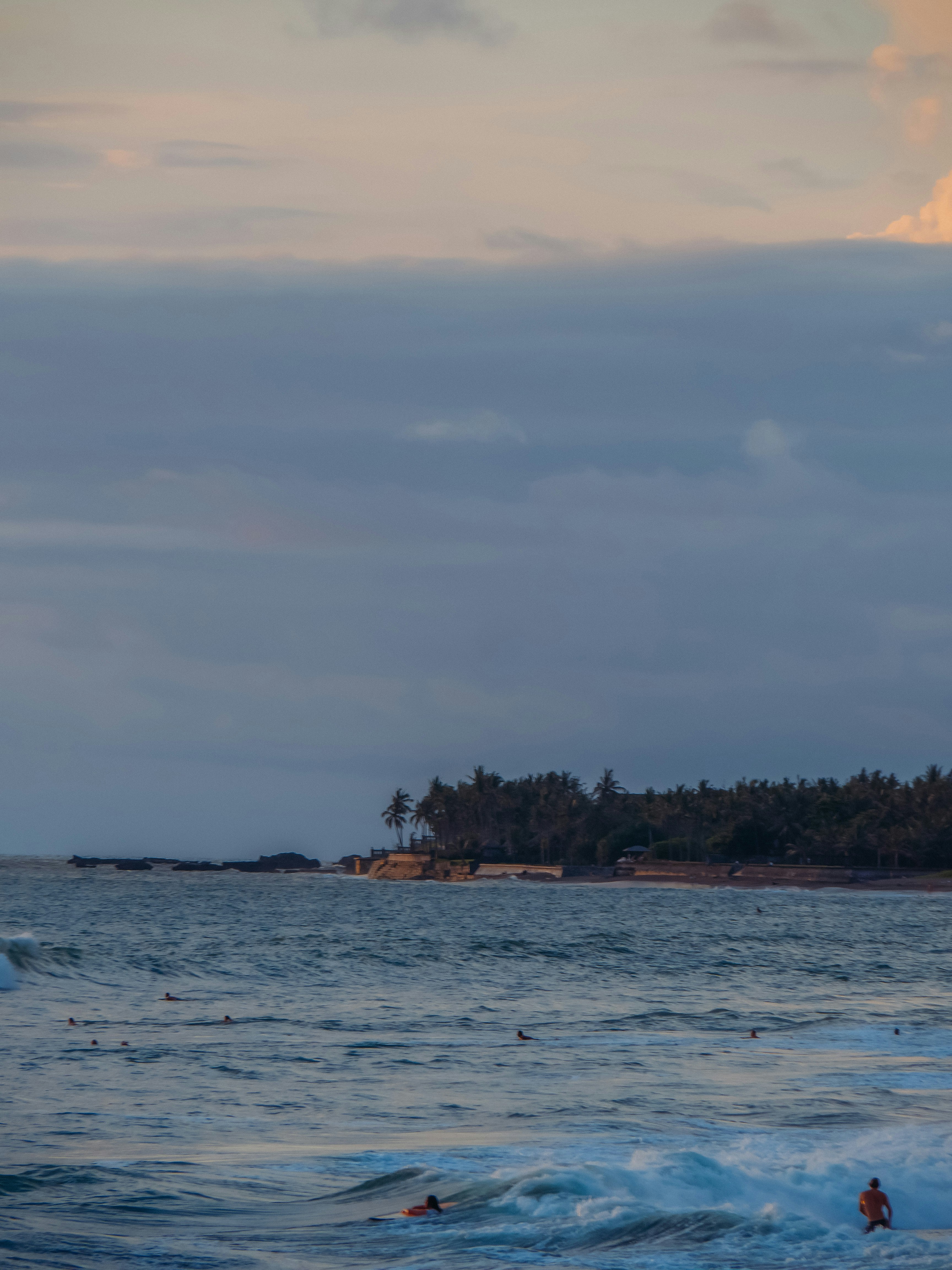 Dusk over a palm-fringed island along a calm reef-blue sea