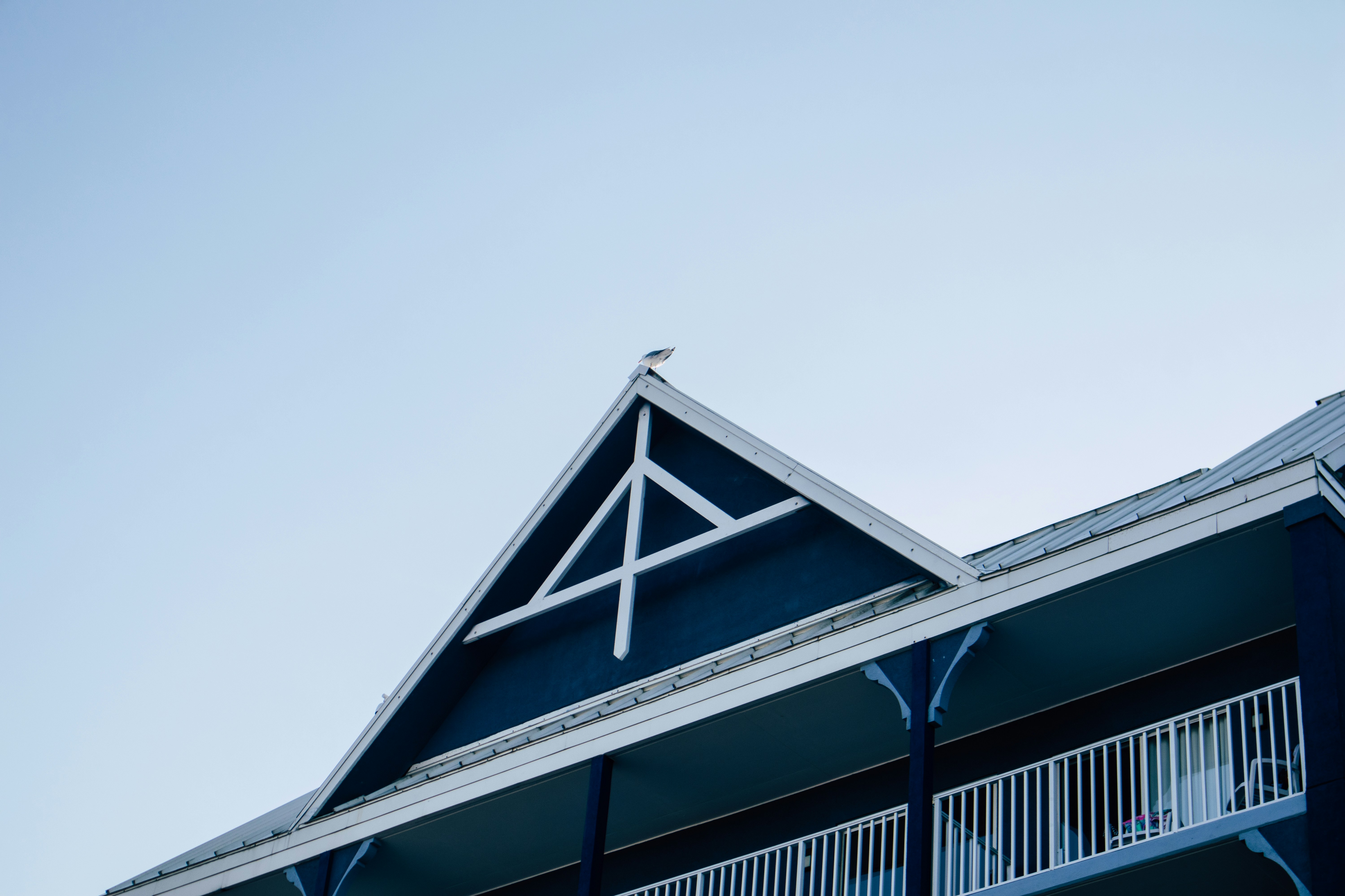 Bird perched atop a triangular roof against a clear blue sky.