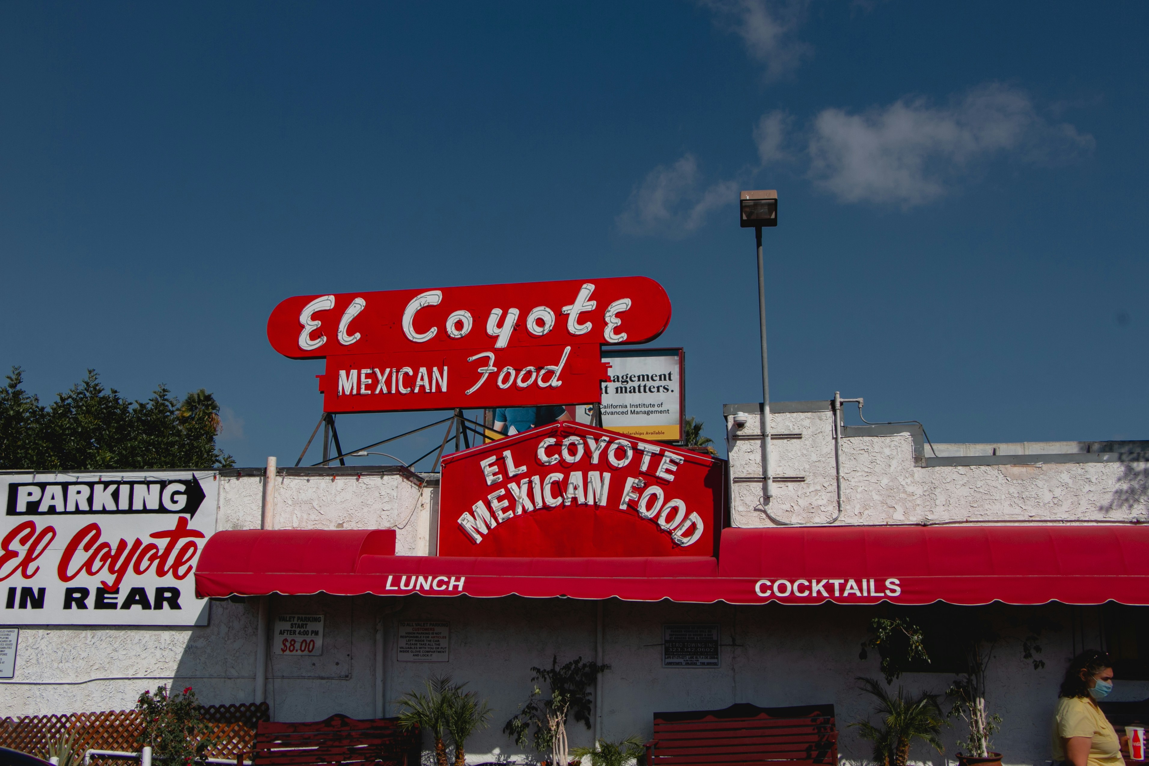 El Coyote Signage and Red Awning: Mexican Food Corner