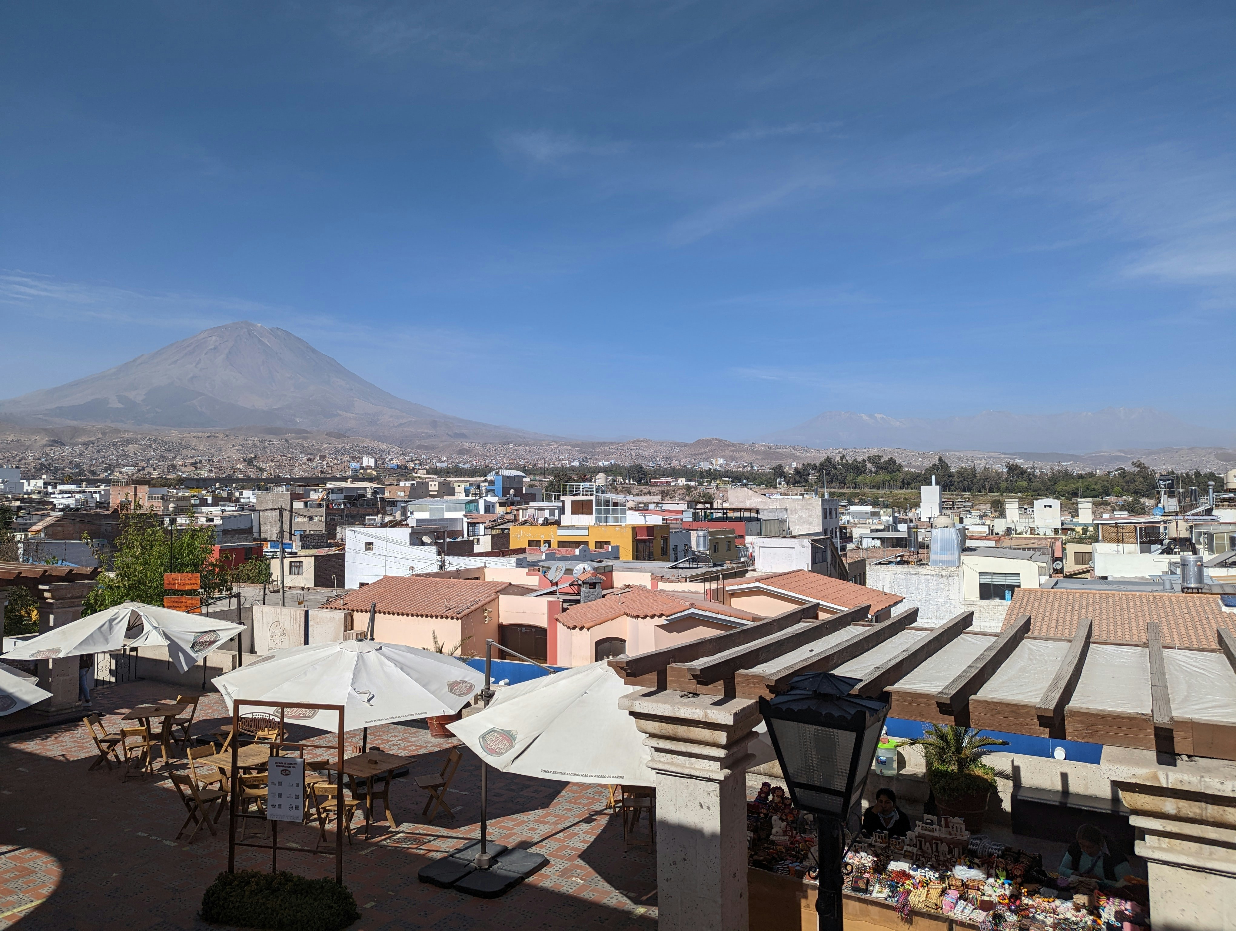 Cityscape of Arequipa with El Misti volcano under a clear blue sky.