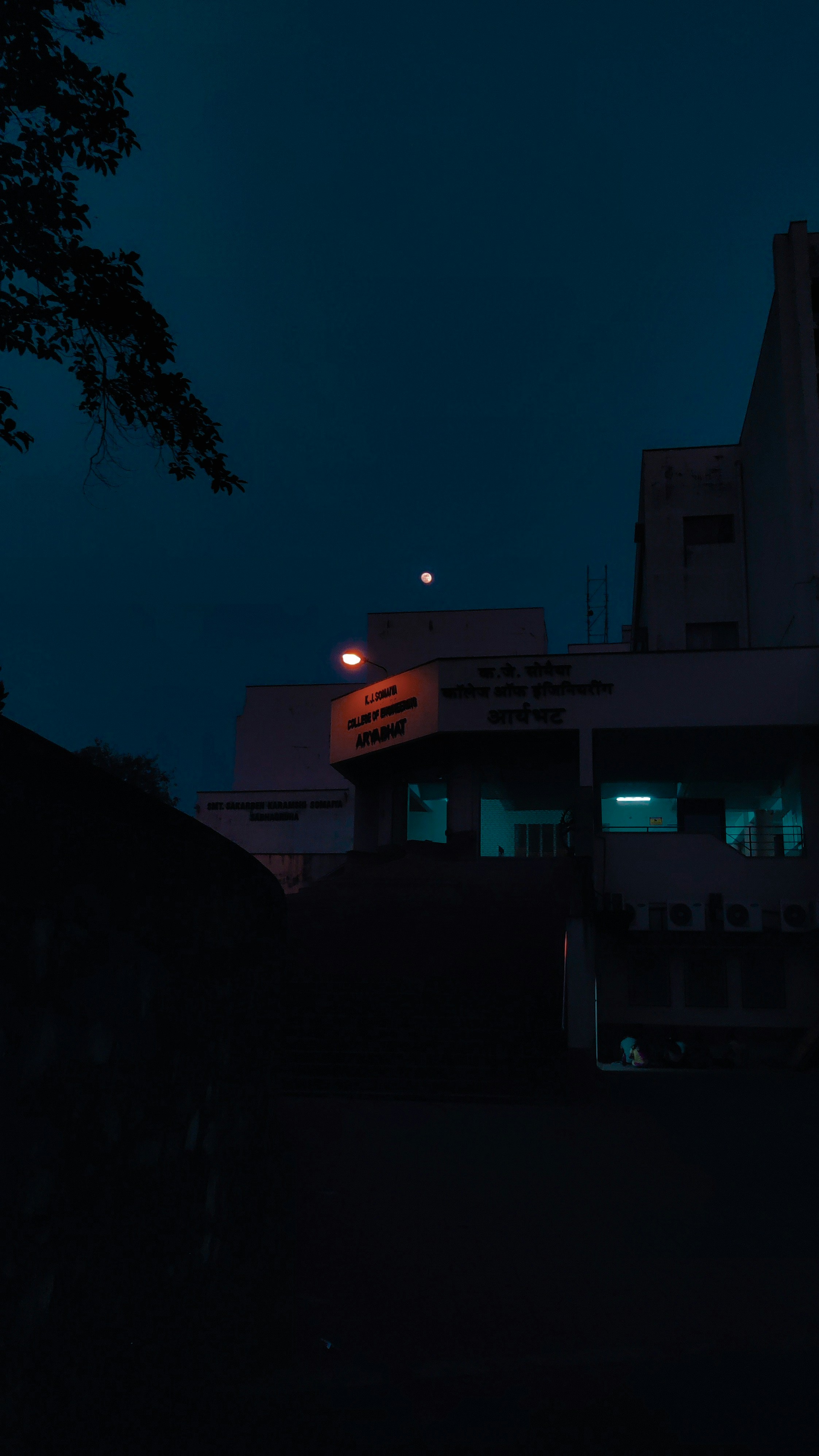 Moonlit Campus: Nighttime Silhouette Under a Pale Crescent