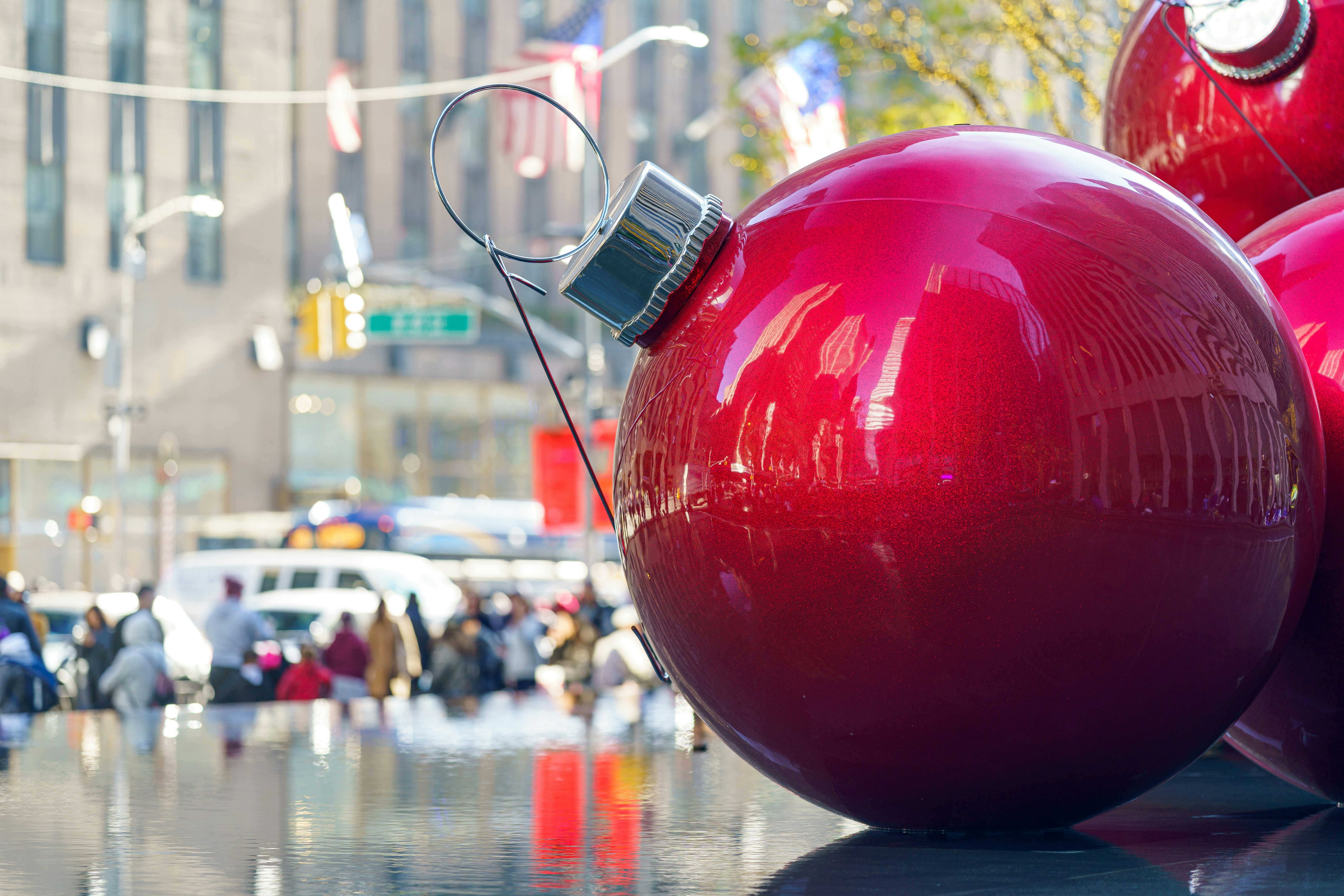 Large Christmas ornaments near Radio City Music Hall