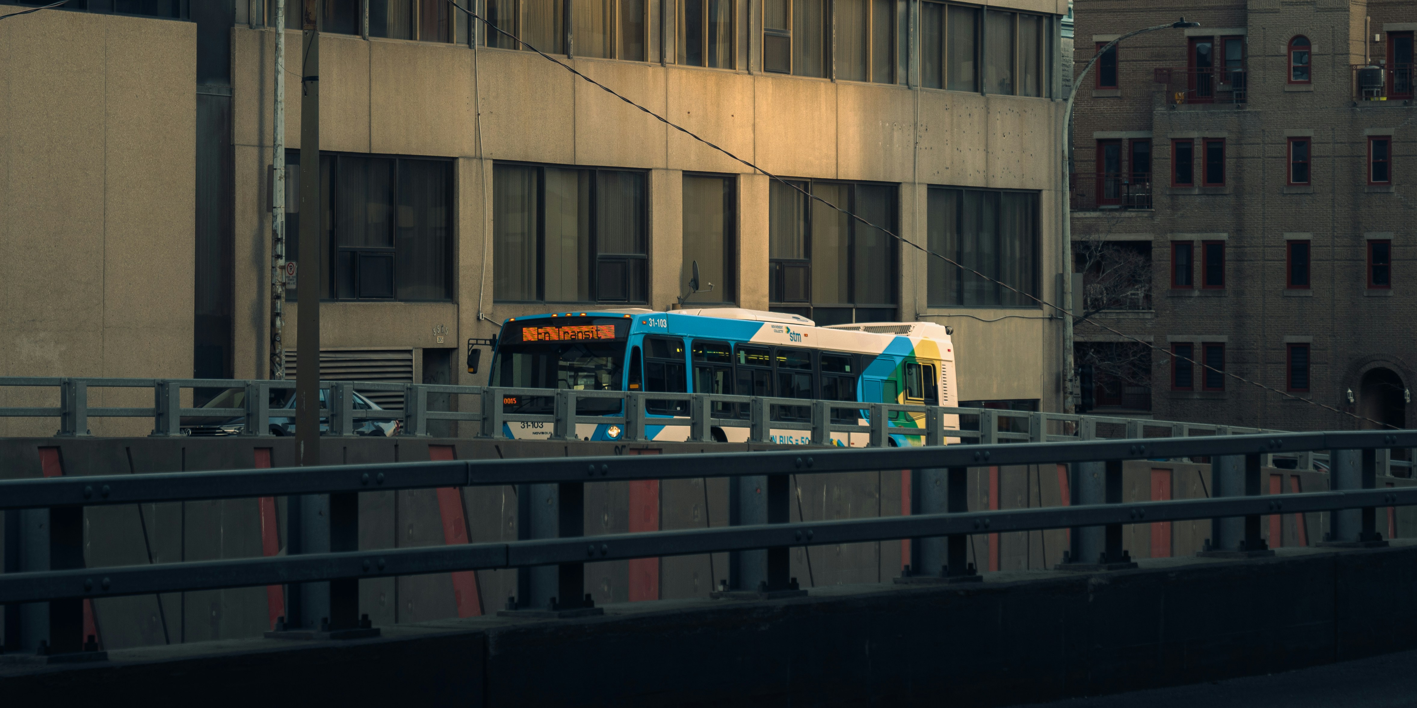 Transit on a Steel Ribbon: Blue Bus on an Urban Overpass