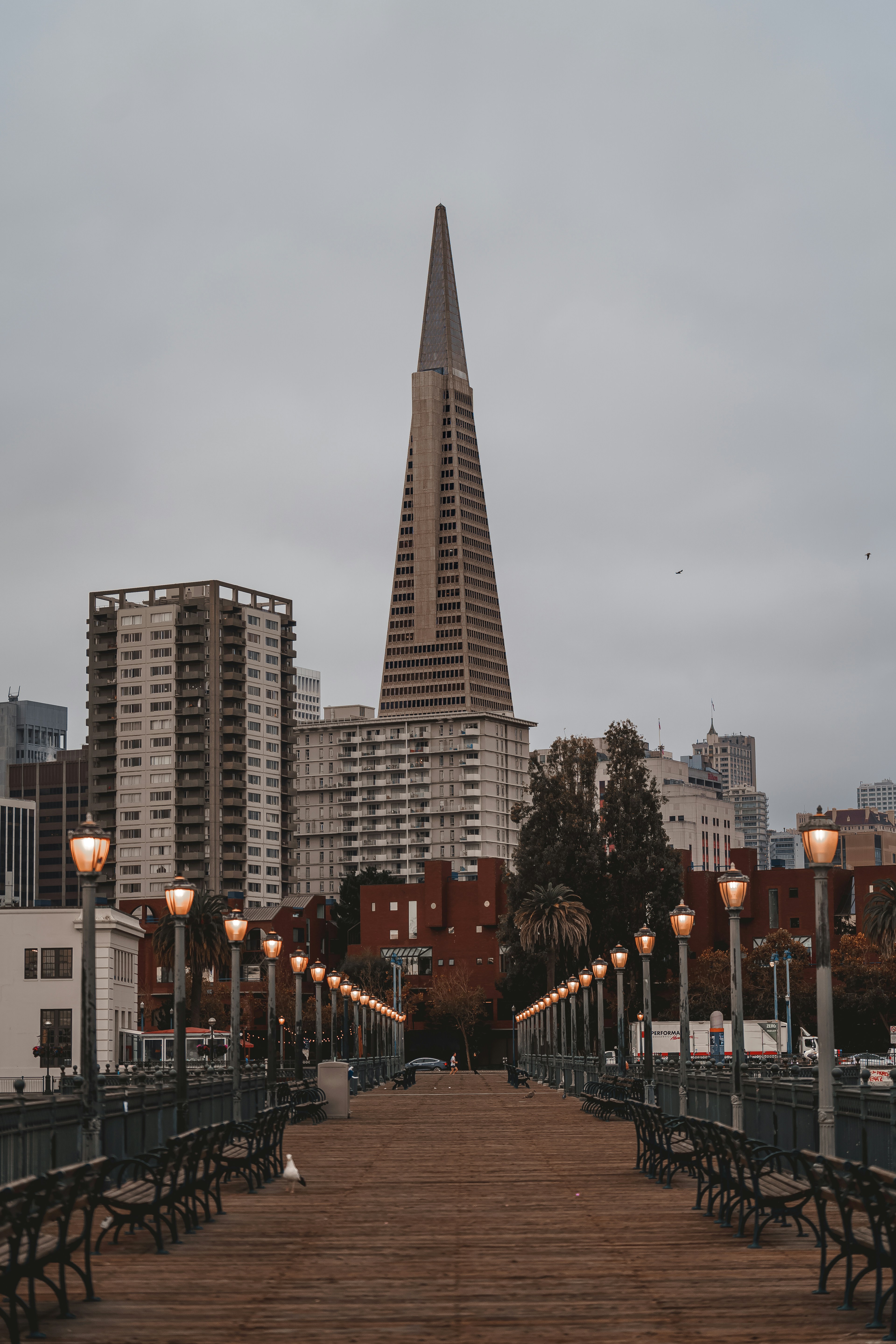 Conical Sentinel Over a Lantern-lit Pier: San Francisco's Transamerica Pyramid