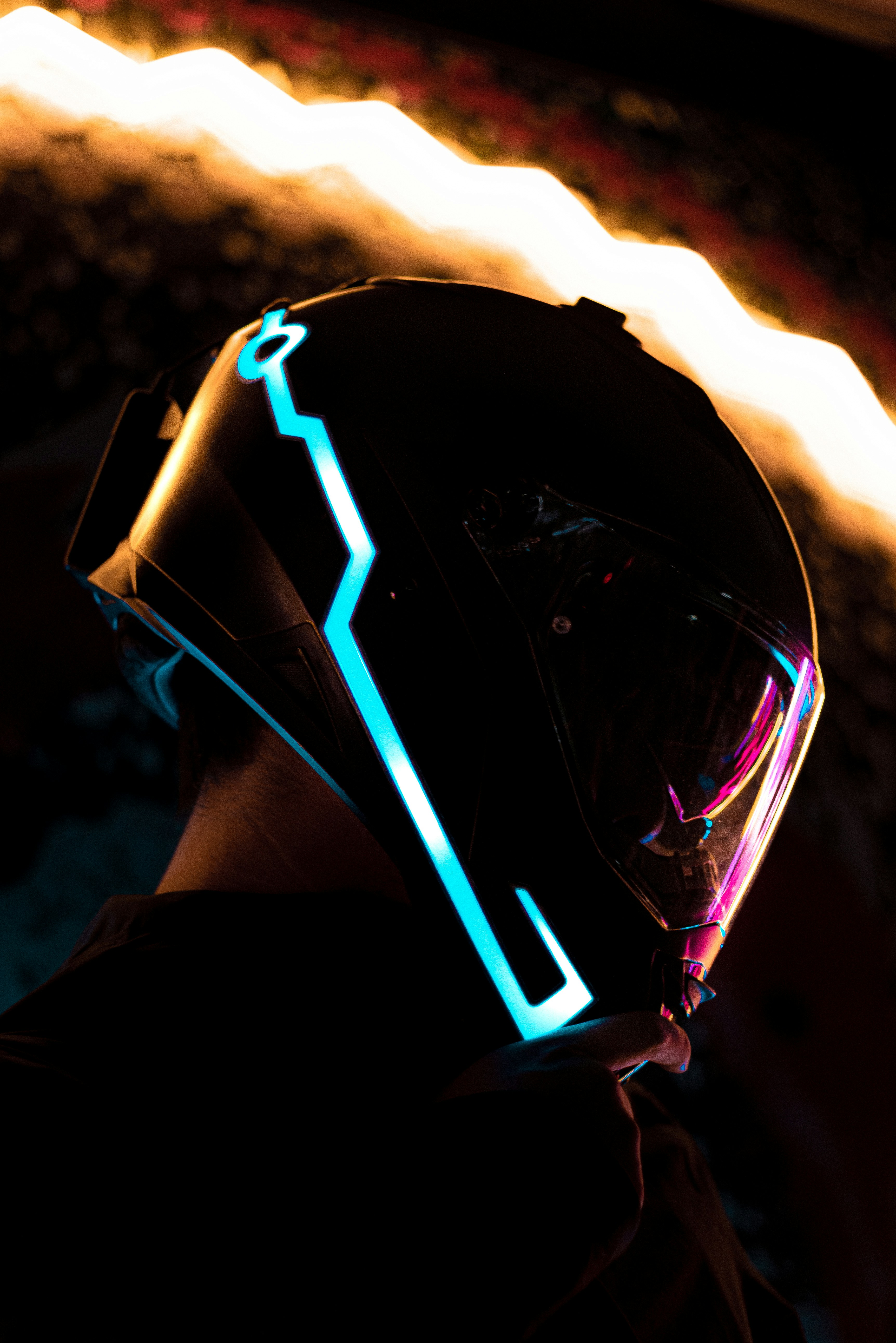 Neon-Outlined Helmet: A Night Racer’s Silhouette