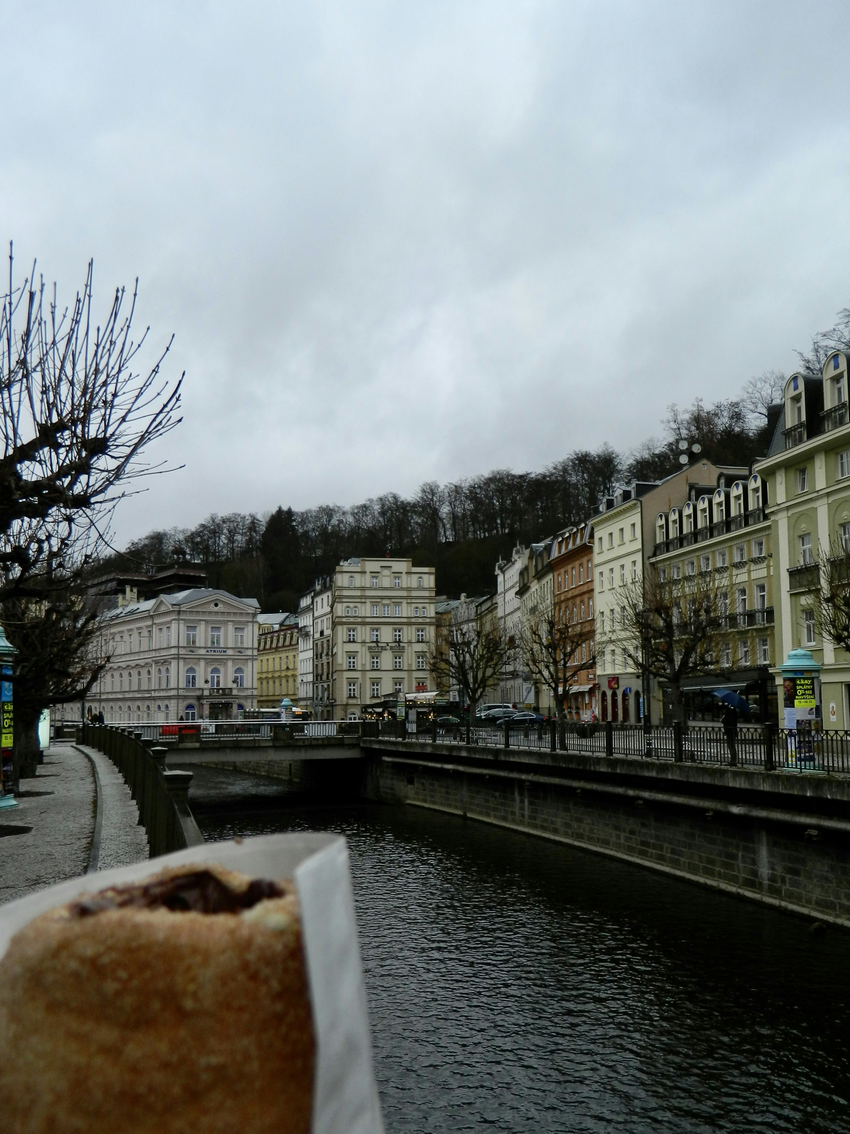 A cozy riverside scene featuring a pastry in the foreground, with charming buildings lining the waterway under a cloudy sky.