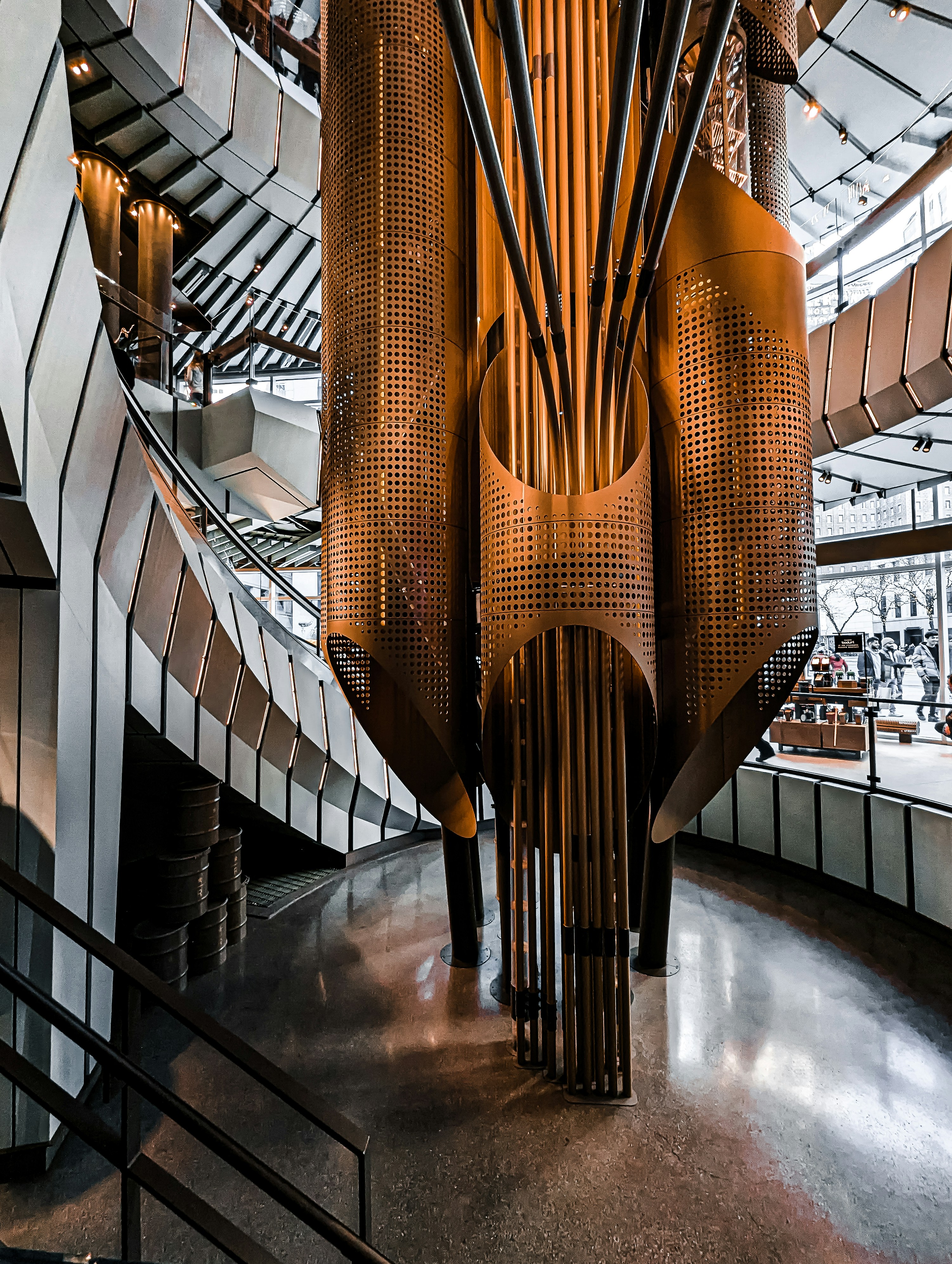 Gilded Core: Industrial Sculpture Anchored by Radiating Rods