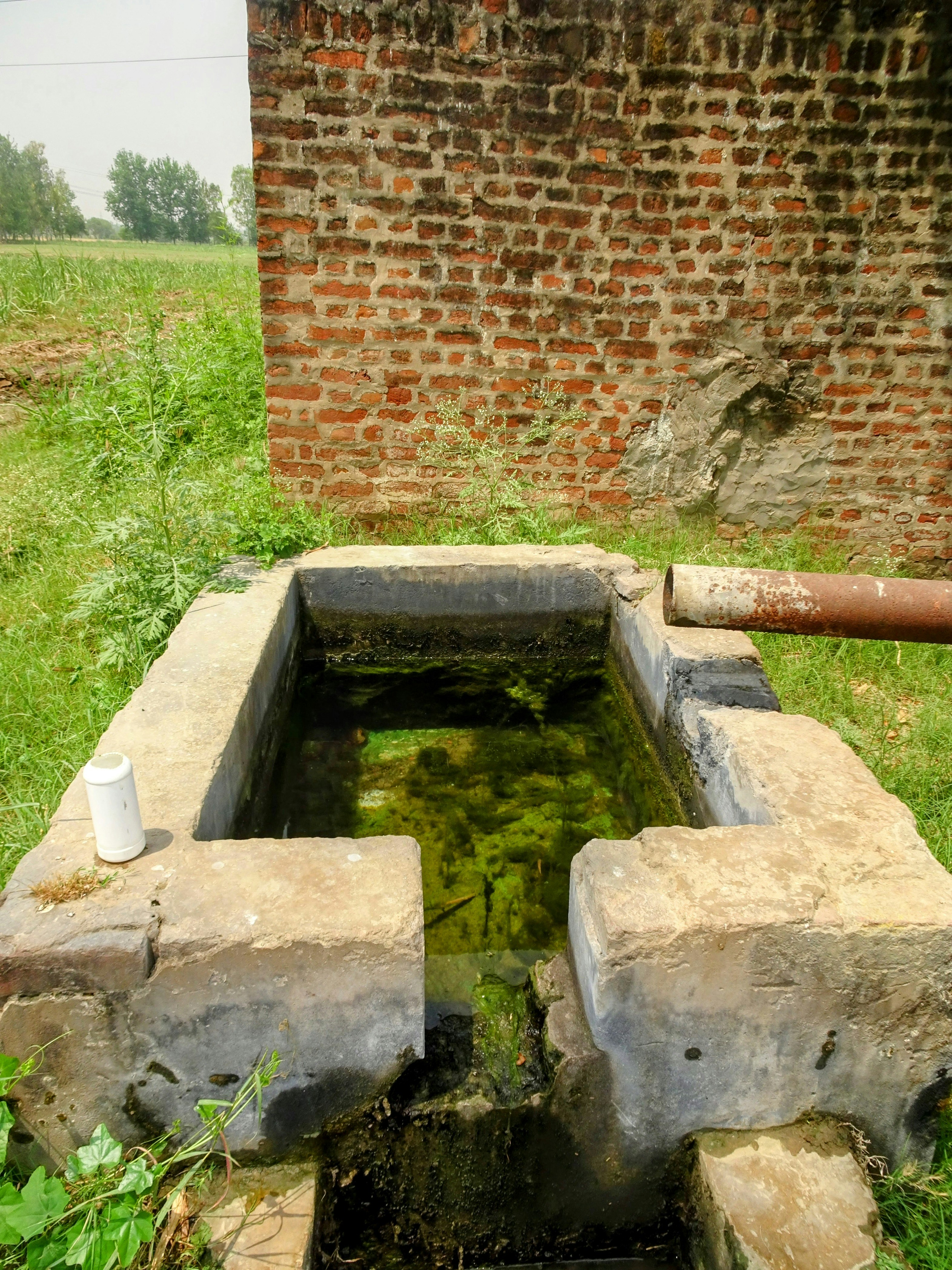 A well in a field with a brick wall in the background photo – Free ...