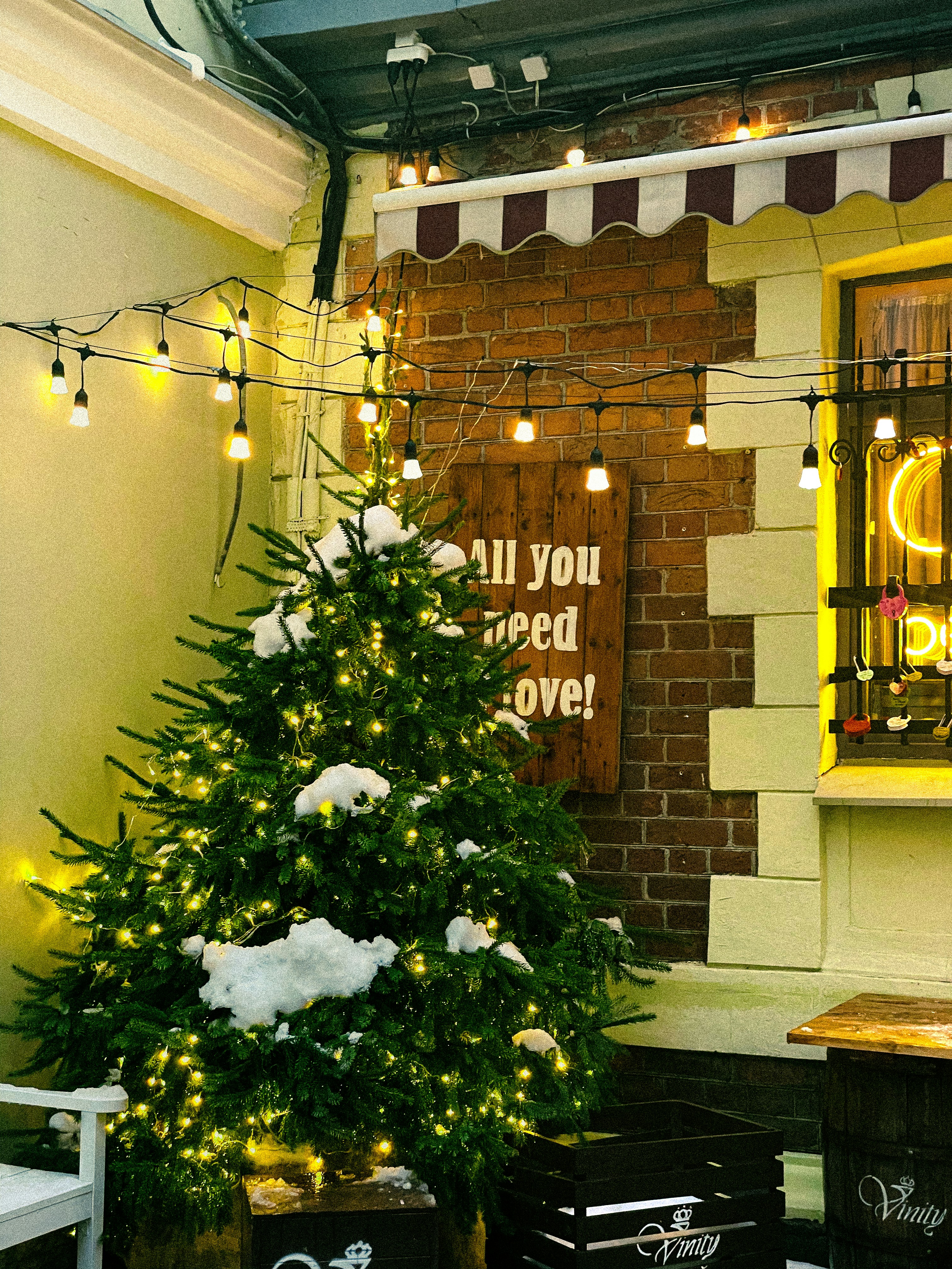 Snow-kissed Christmas Tree Under Warm Fairy Lights by a Cozy Storefront