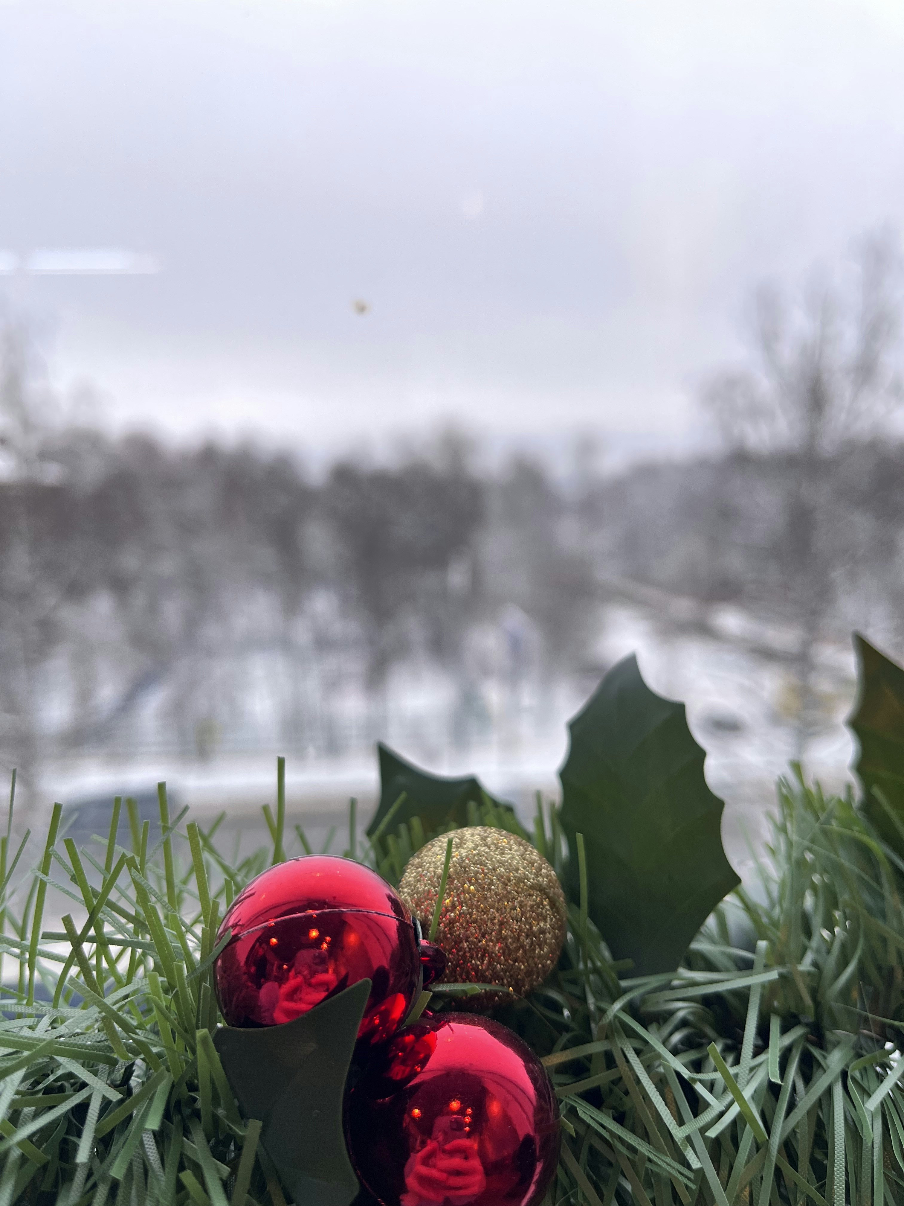 Holiday Greens: Red Orbs and Gold Sparkle Amid Snowy Backdrop