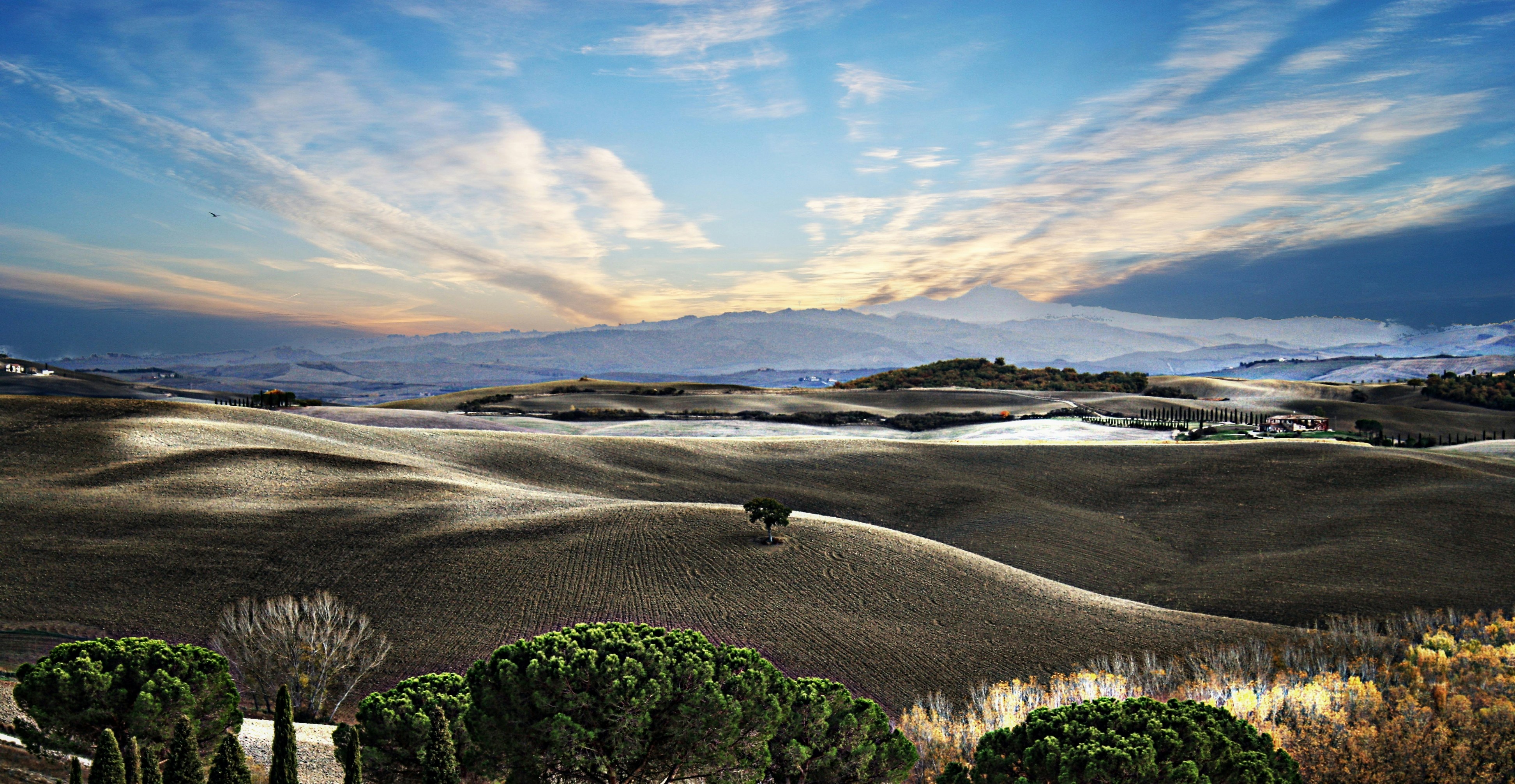 a landscape of hills and trees under a cloudy sky