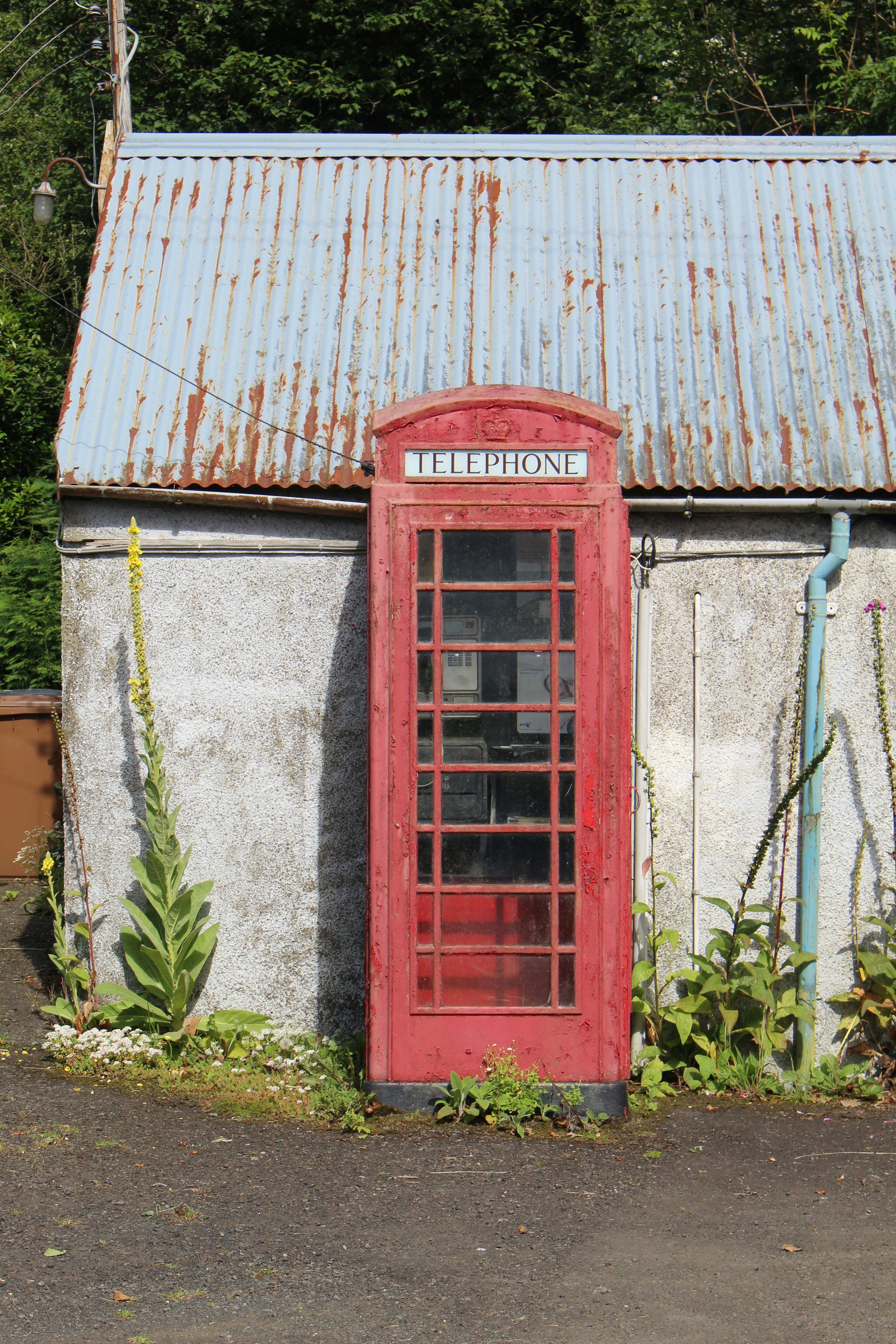 Scarlet Telephone Booth Framed by a Rusted Roof and Quiet Greenery