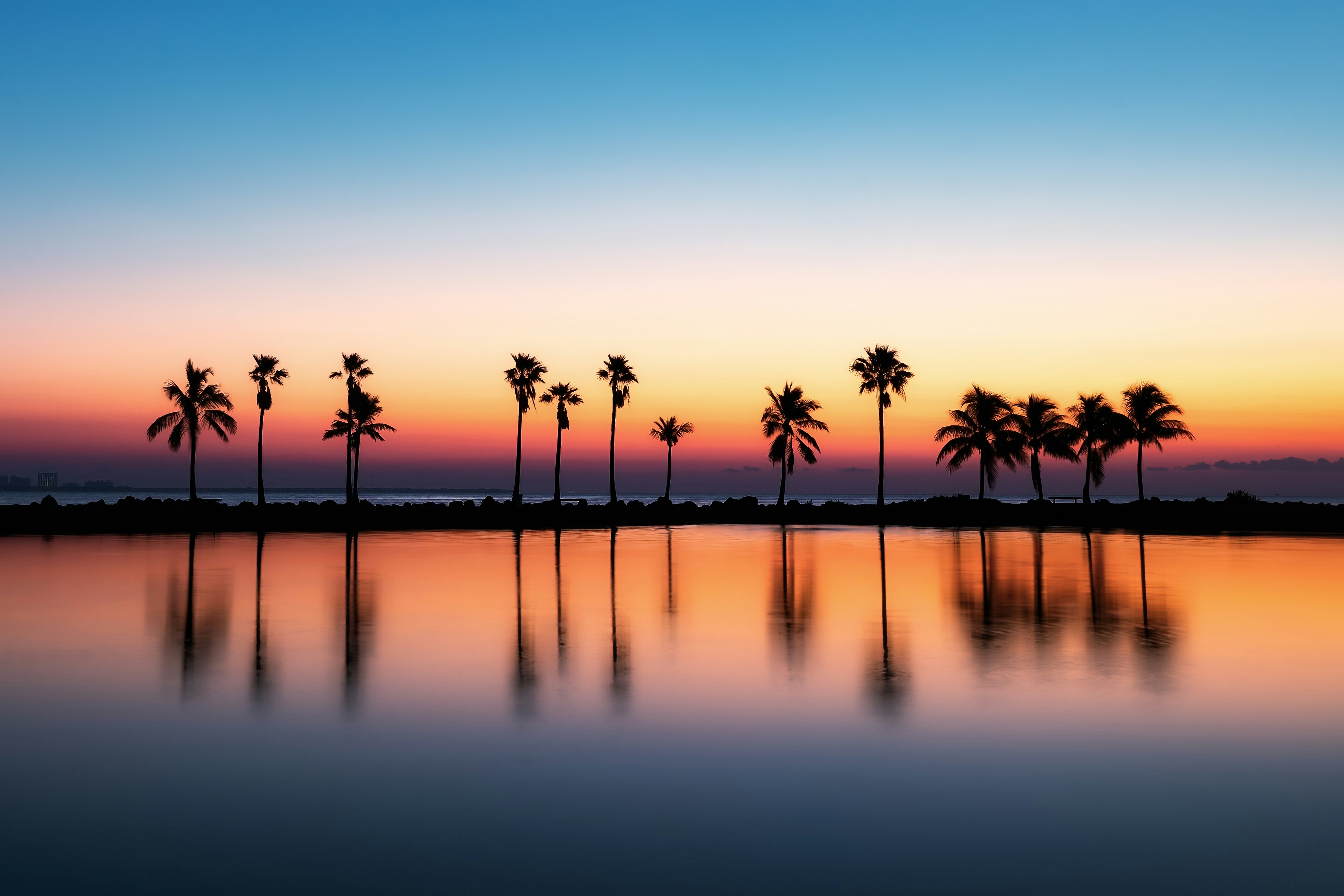 Silhouetted palm trees line a tranquil shoreline at dusk, their reflections mirrored in the still water. The gradient sky transitions from warm oranges to cool blues.