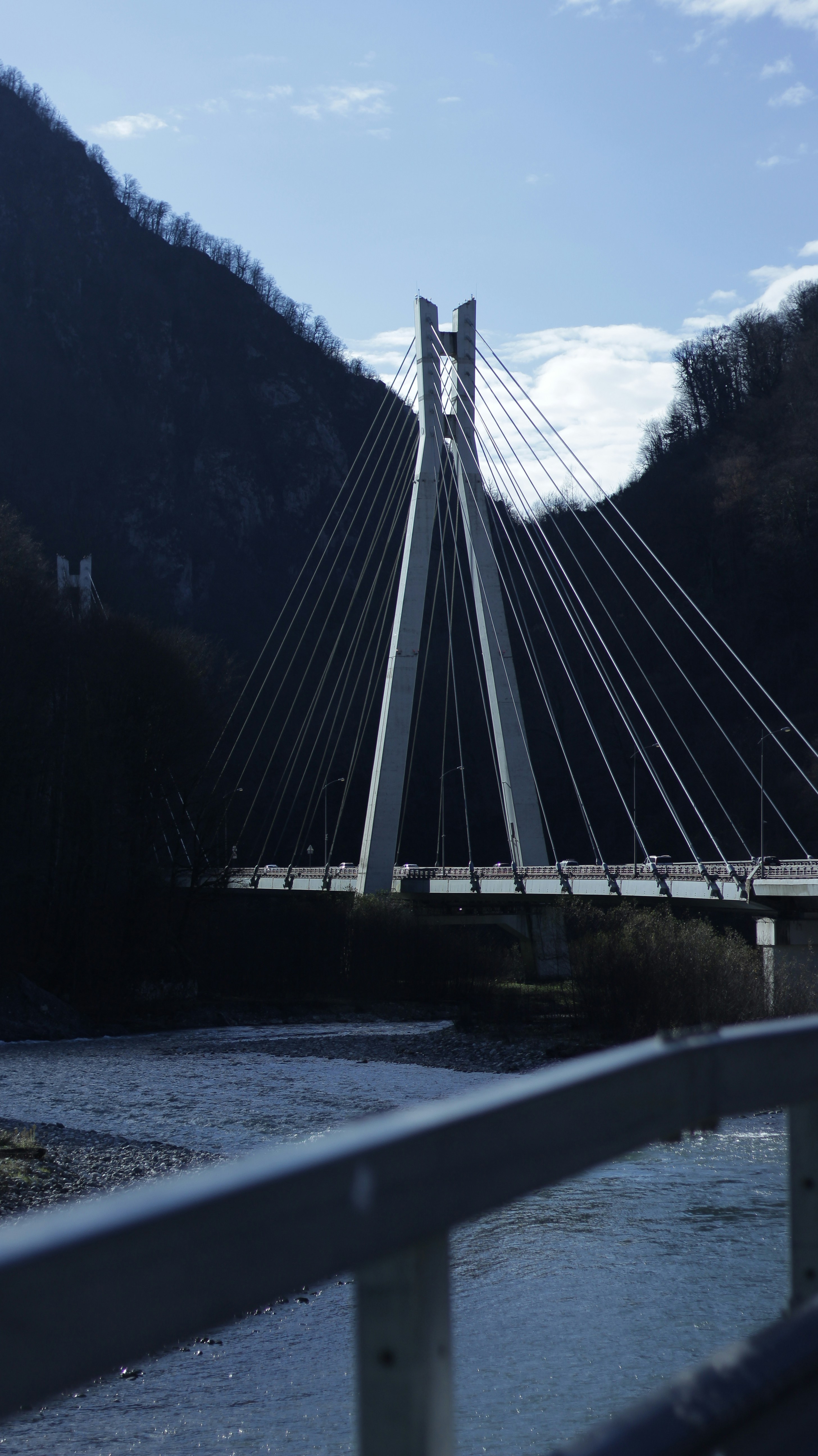 Tower of Cables Rising Over a Mountain River Gorge
