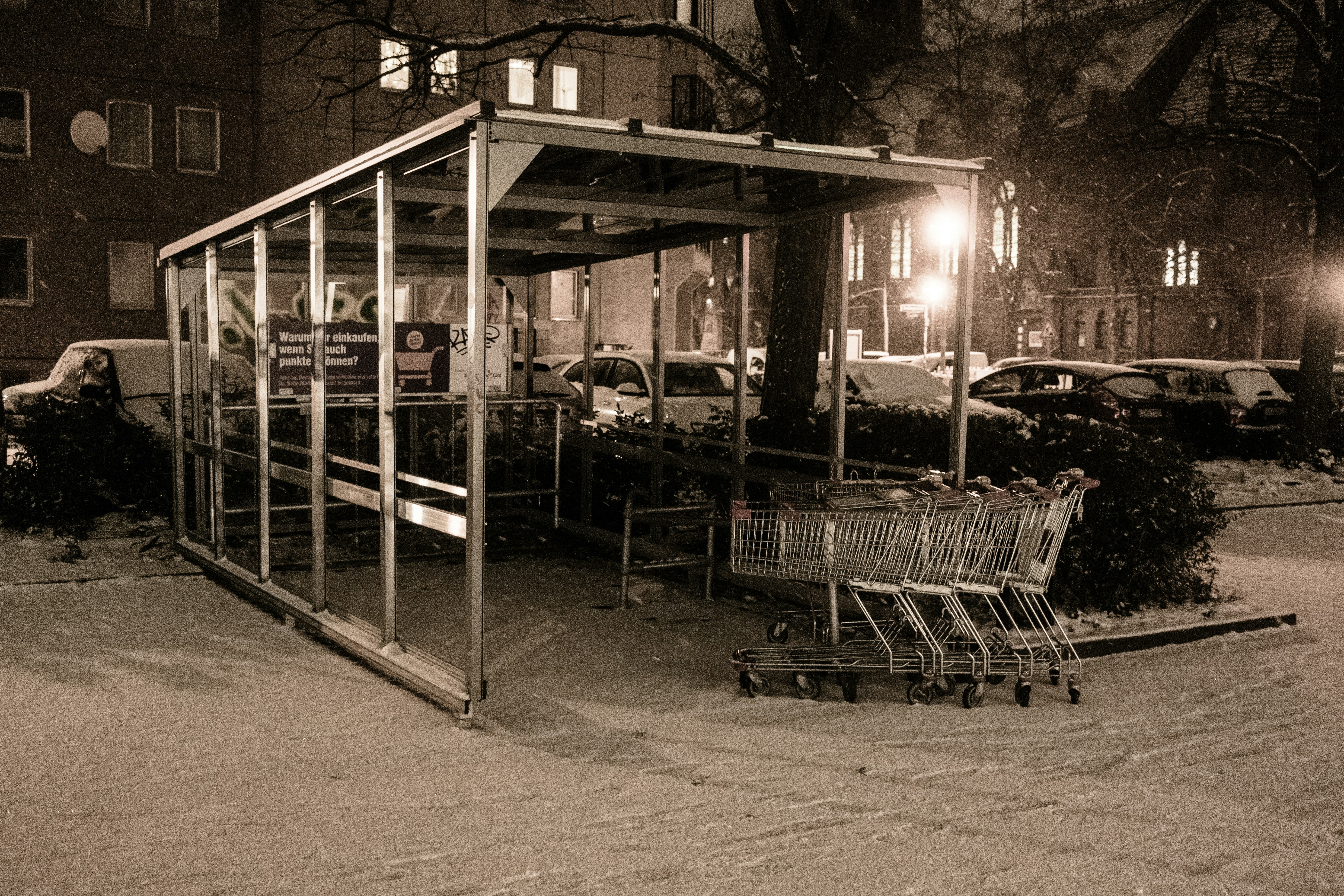 a couple of shopping carts sitting in front of a building