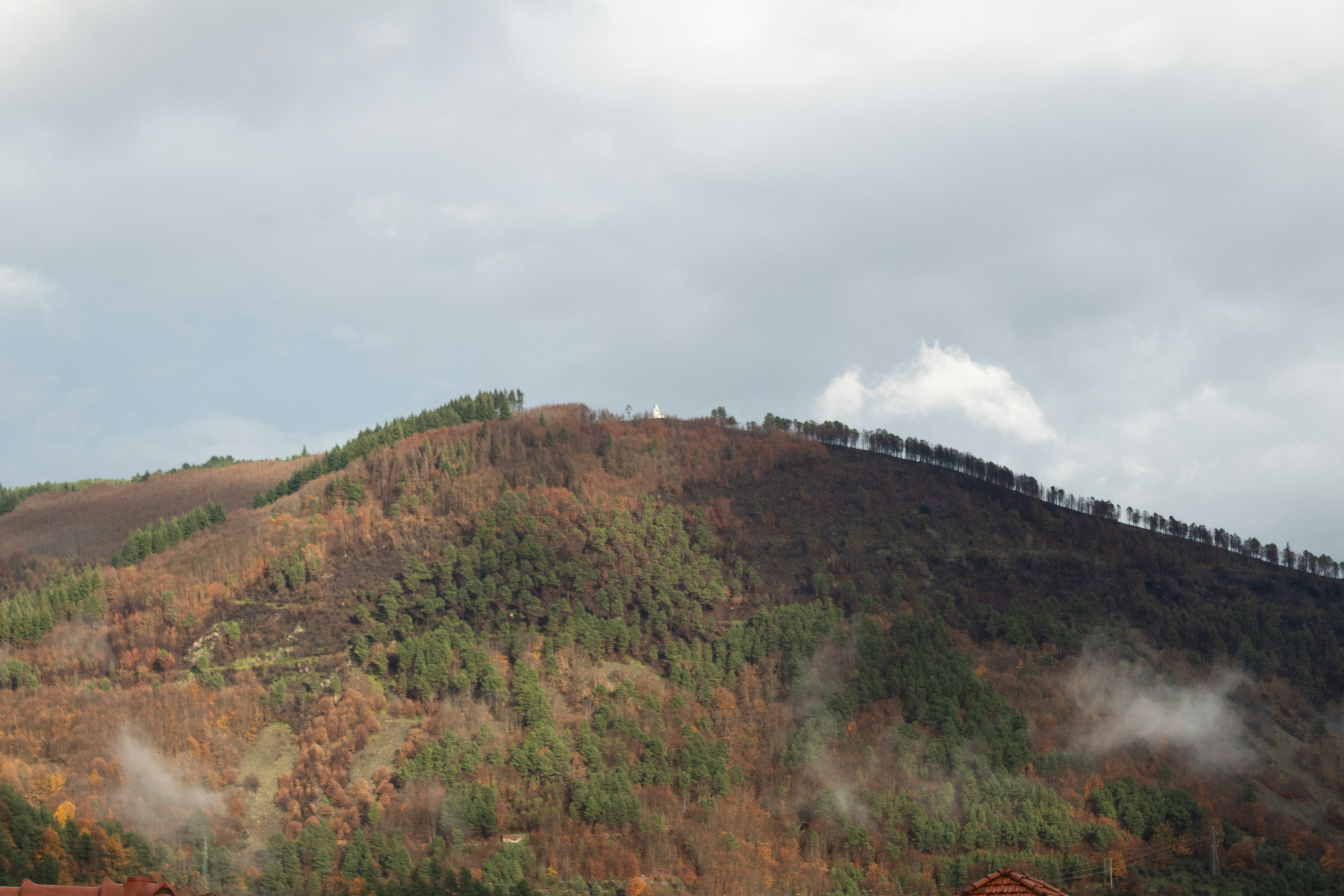 Mountain landscape with patches of greenery and steam rising from the slopes under a cloudy sky.