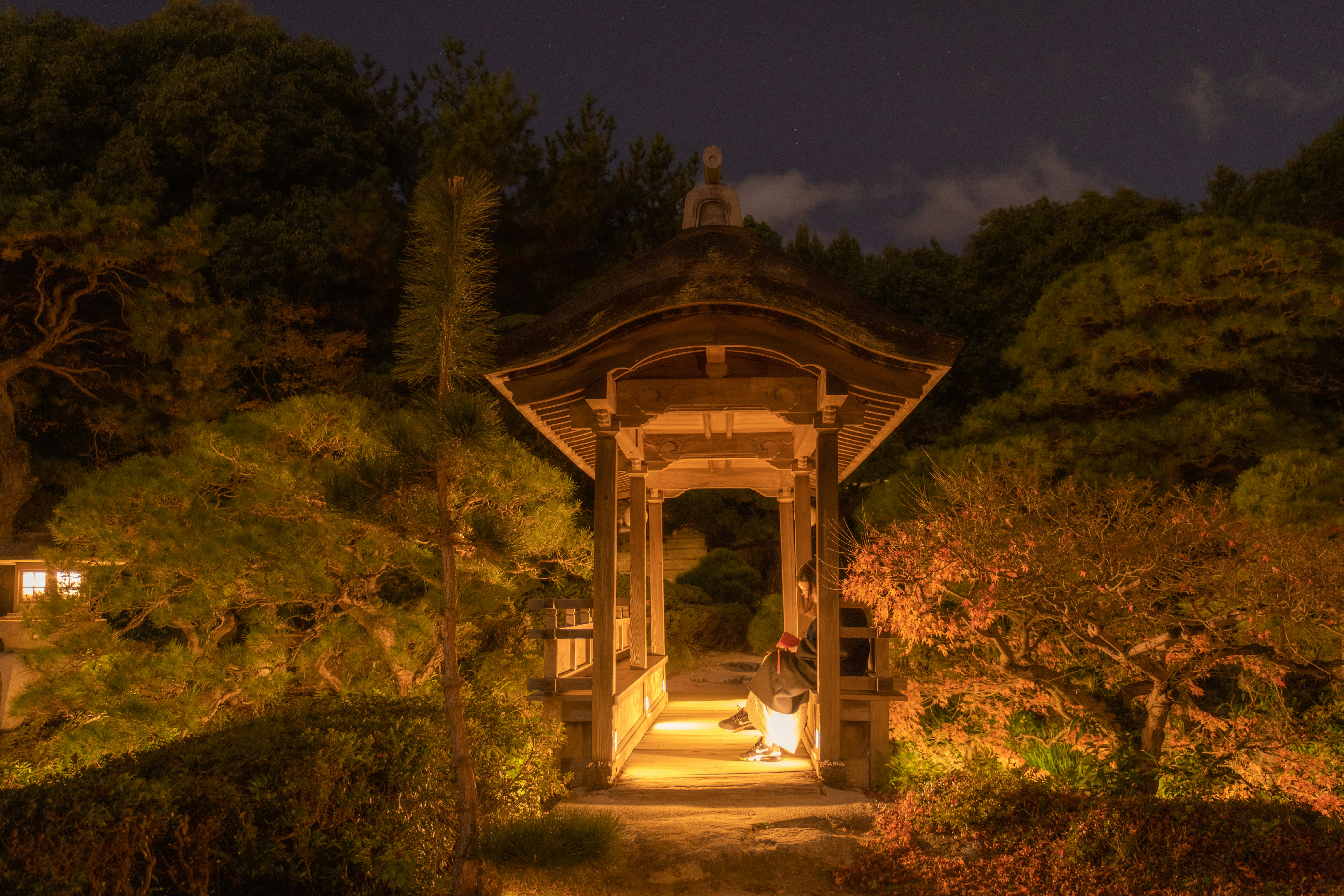 Amber Gate at Night: Tranquil Lantern Walkways in a Japanese Garden