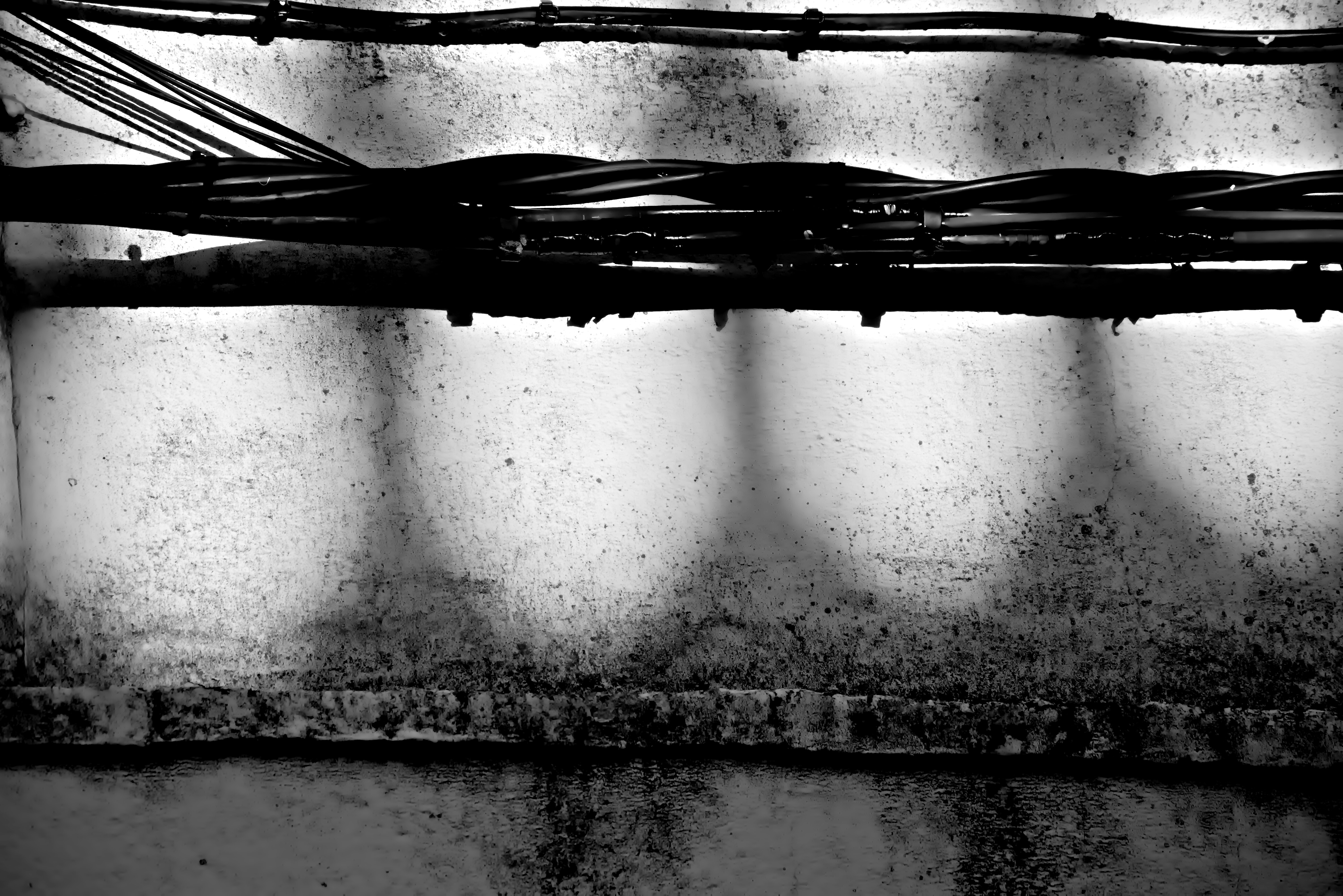 Abstract black and white composition featuring shadows and cables against a textured wall.