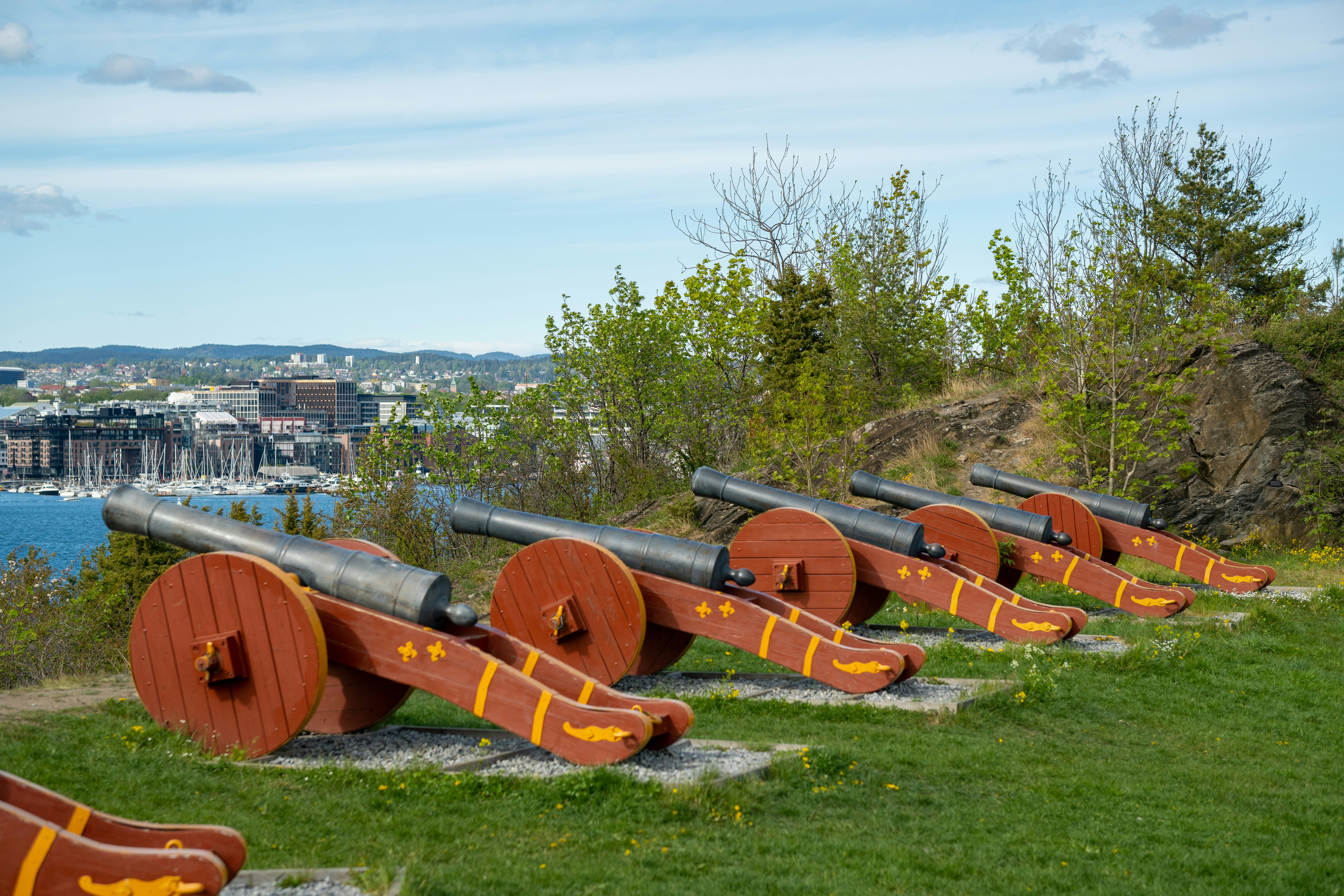 A row of wooden cannon guns sitting on top of a lush green field photo ...