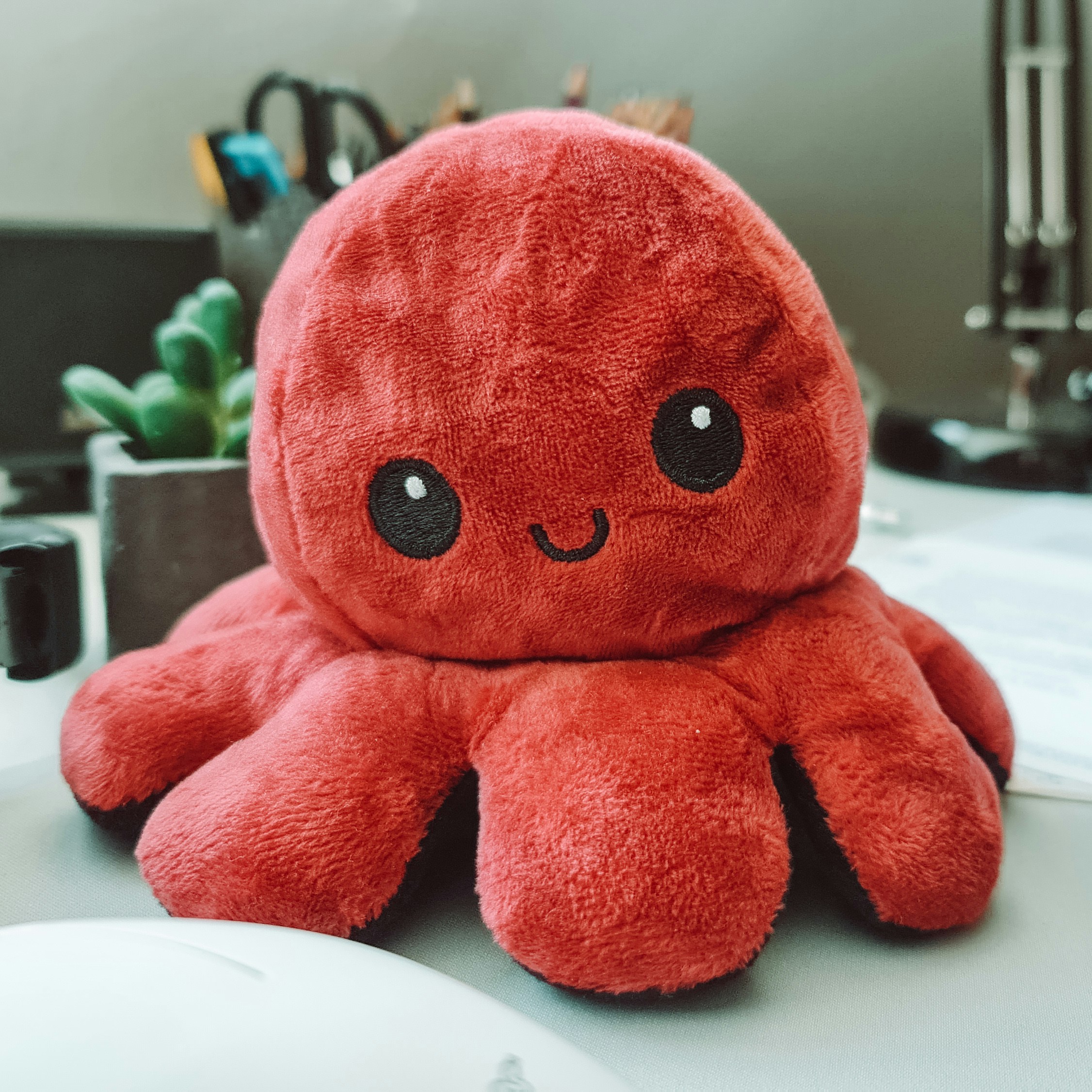 A red stuffed animal sitting on top of a table photo – Free Red Image ...