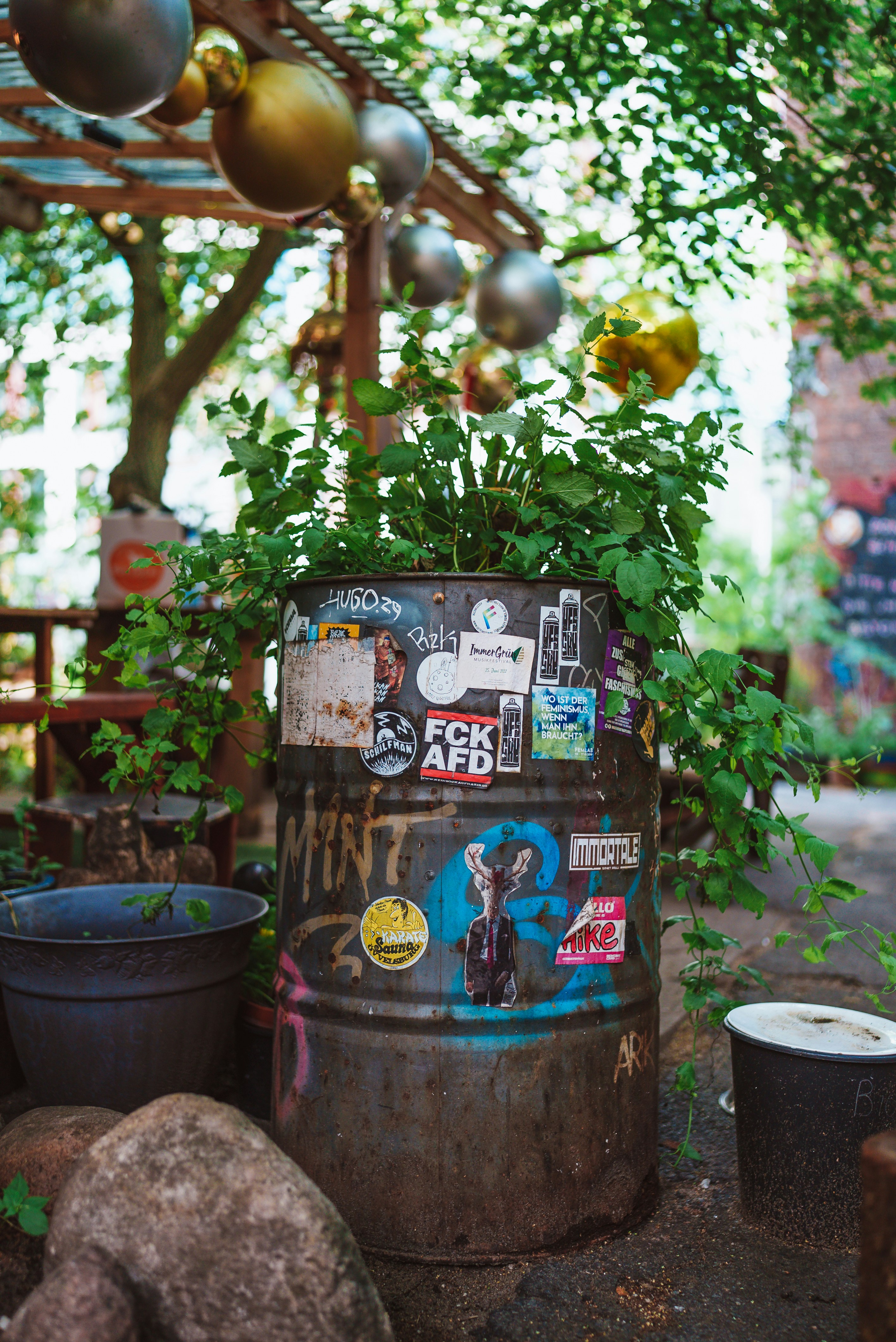 a metal barrel filled with lots of green plants