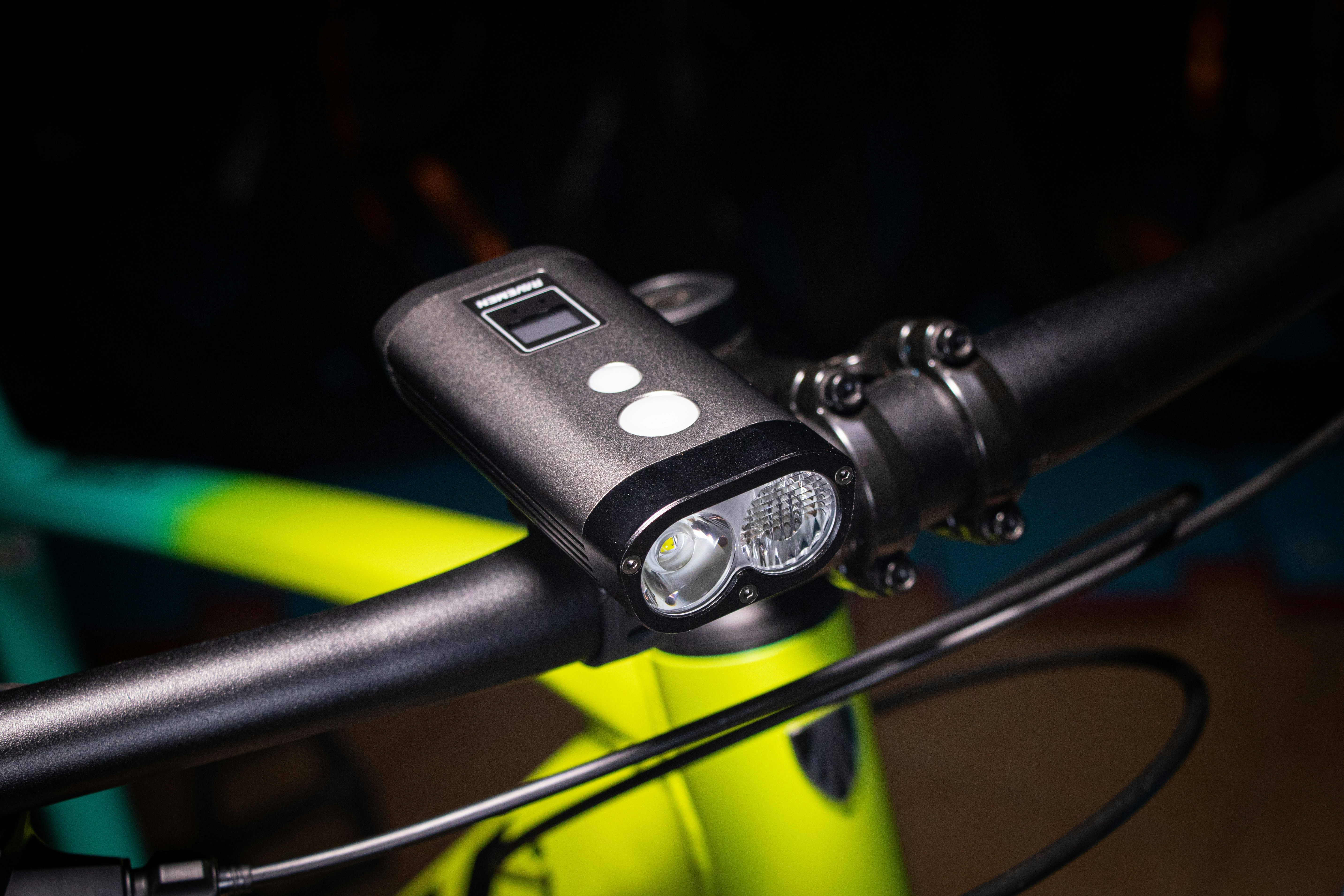 Front-Lit Bike Headlamp Mounted on a Bright Neon Frame