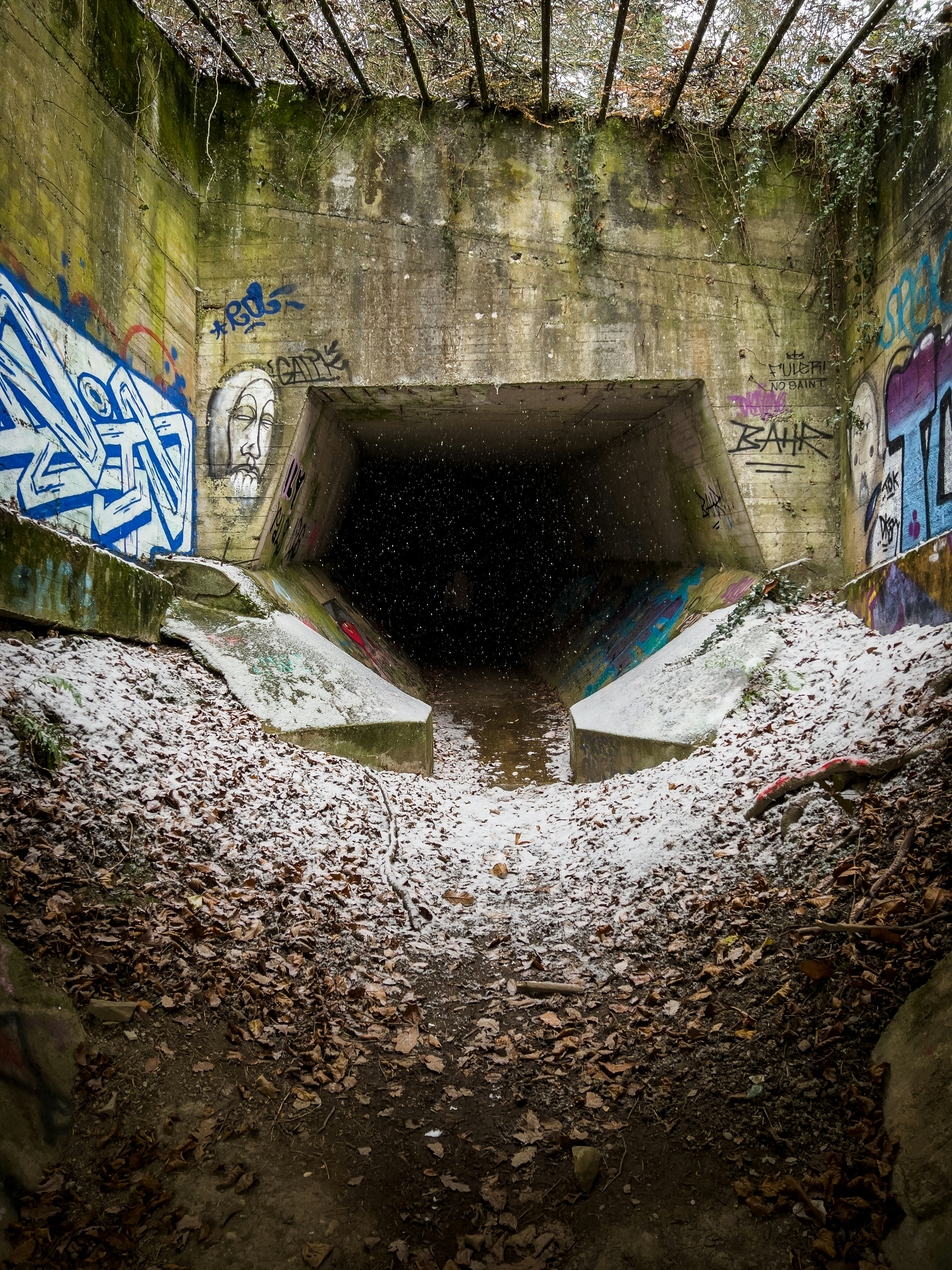 Graffitied Tunnel Intake: Snow-Flecked Descent into Darkness