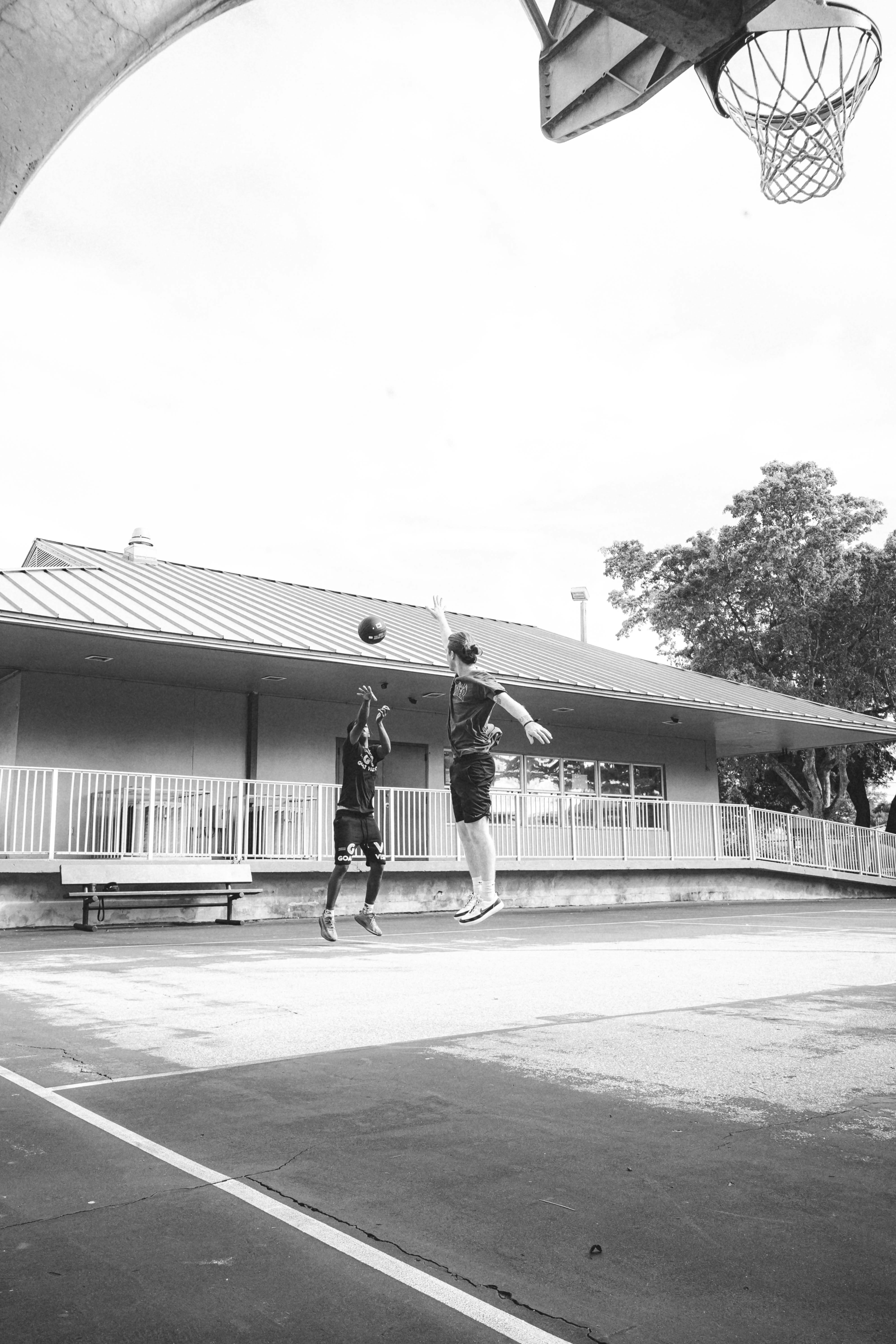 Monochrome mid-air duel beneath the gym hoop
