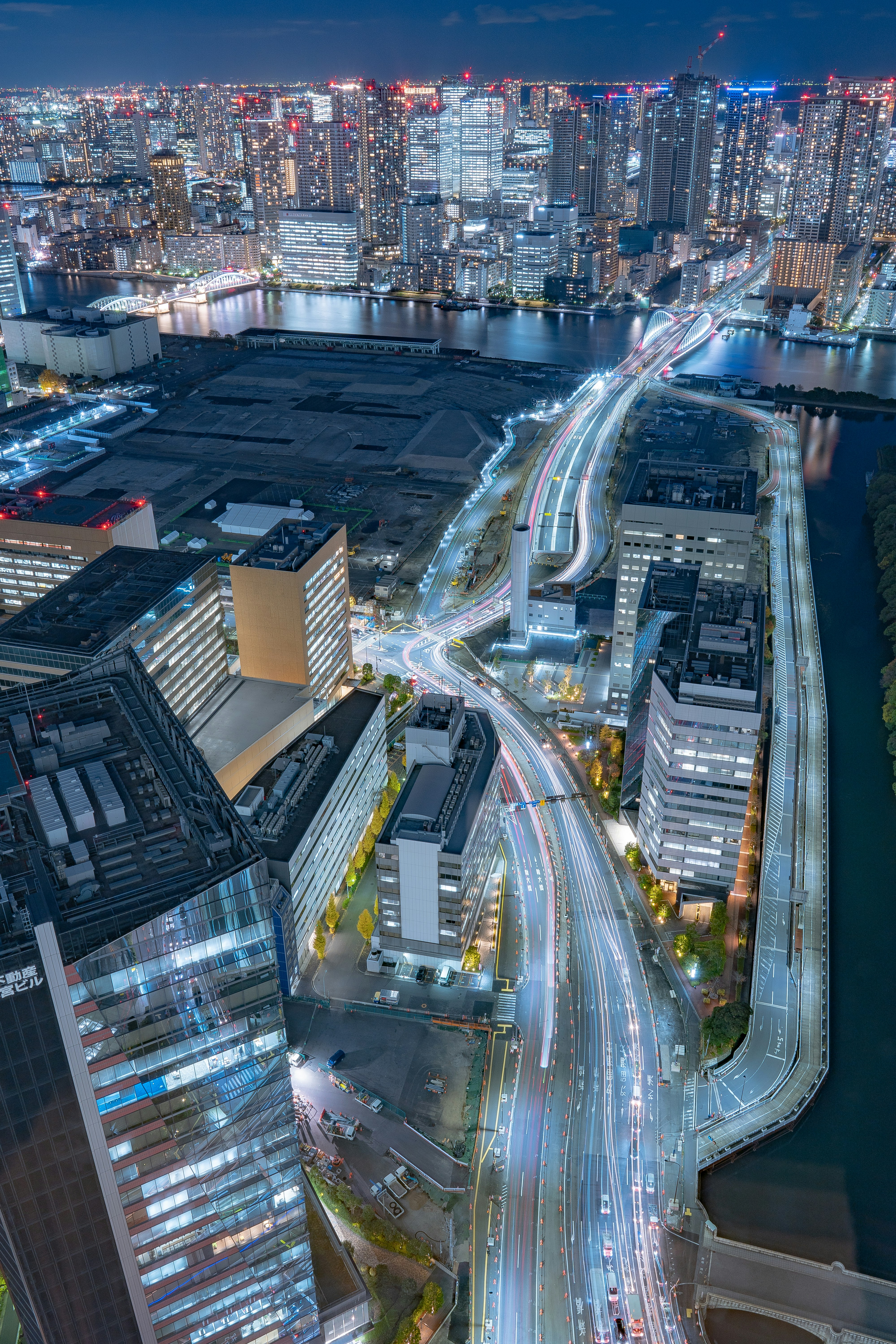 an aerial view of a city at night
