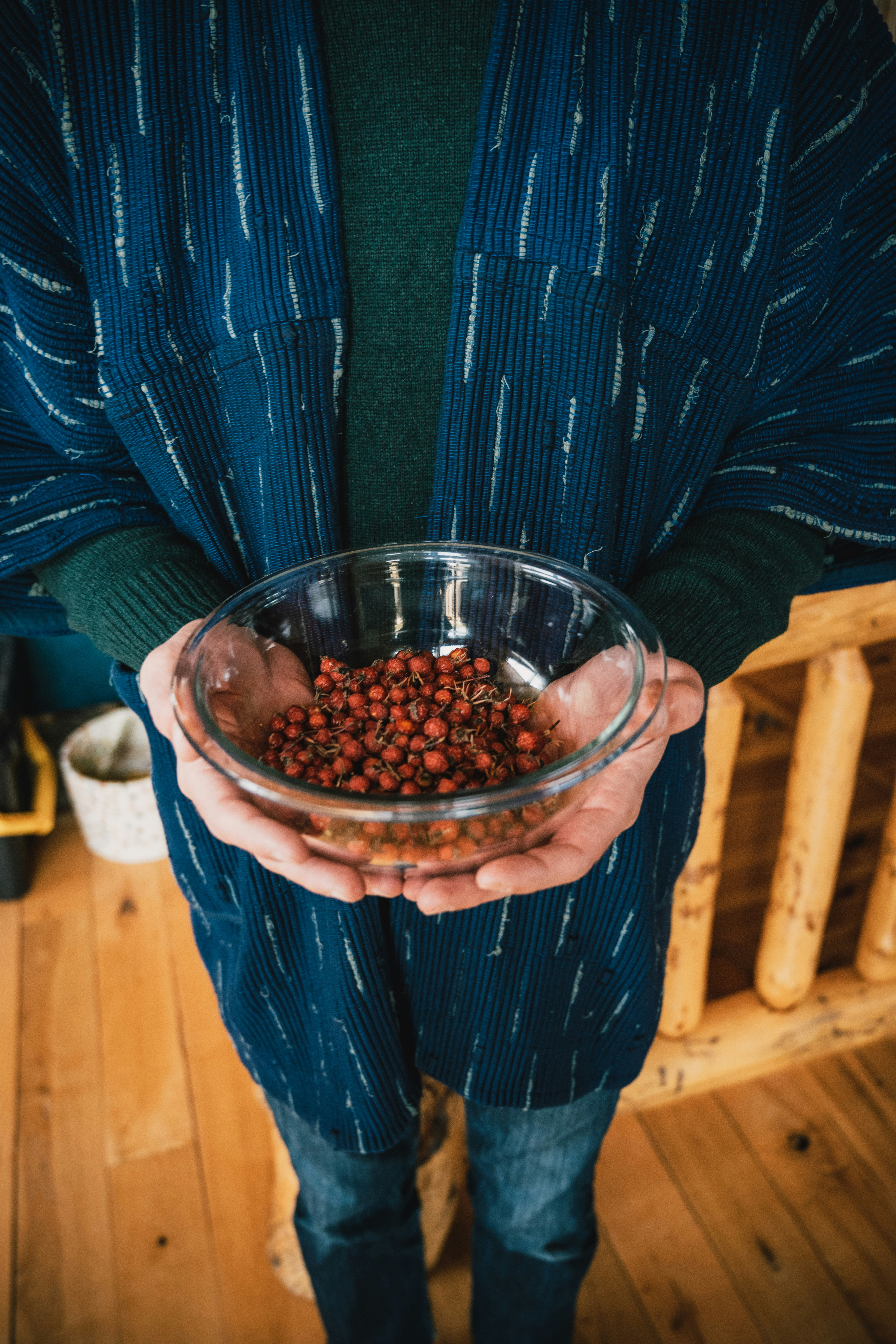 Person holding a bowl of freshly foraged berries - winter vibes red berries green sweater