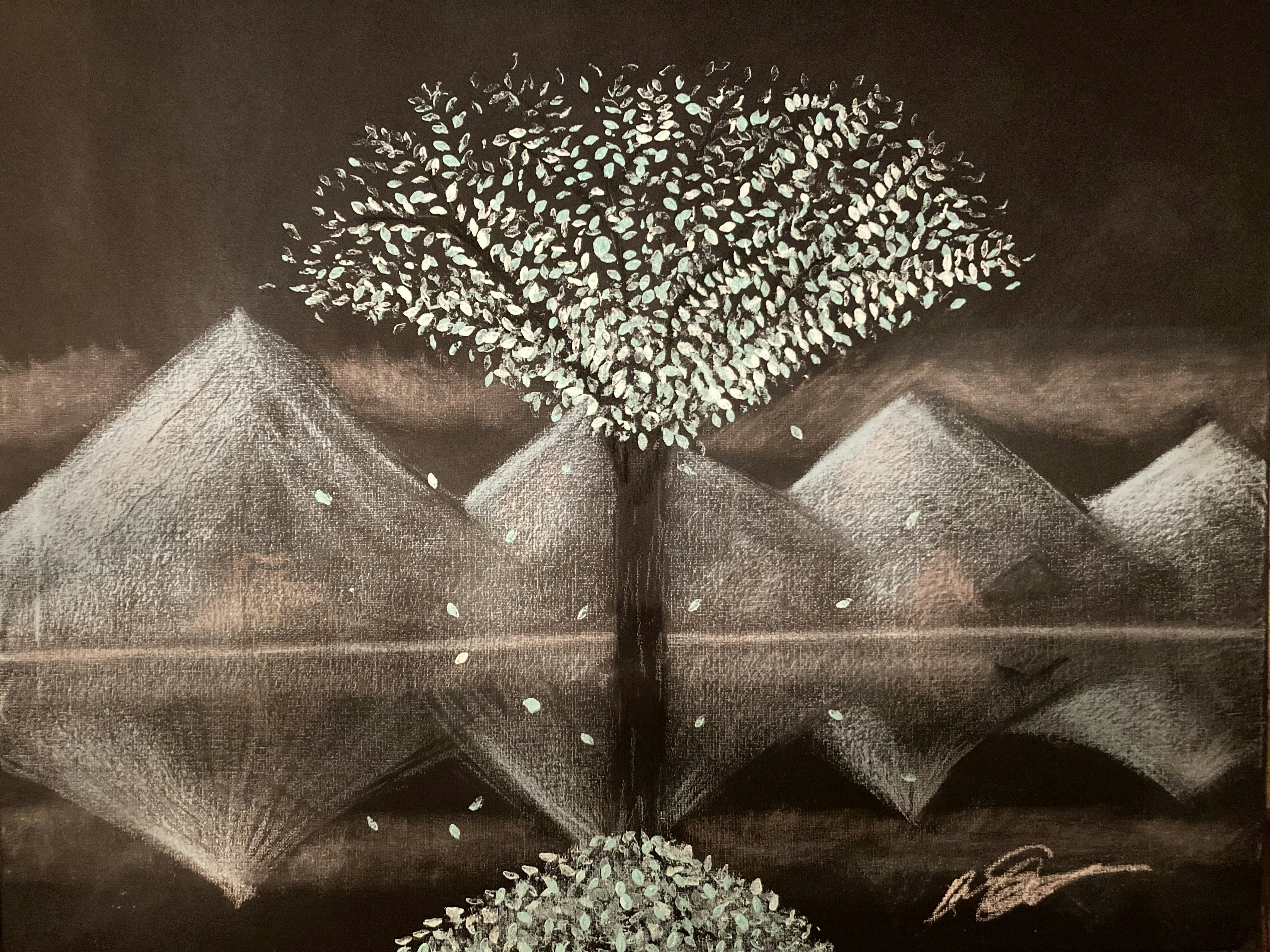 A chalk drawing of a tree with four pyramids in the background photo ...