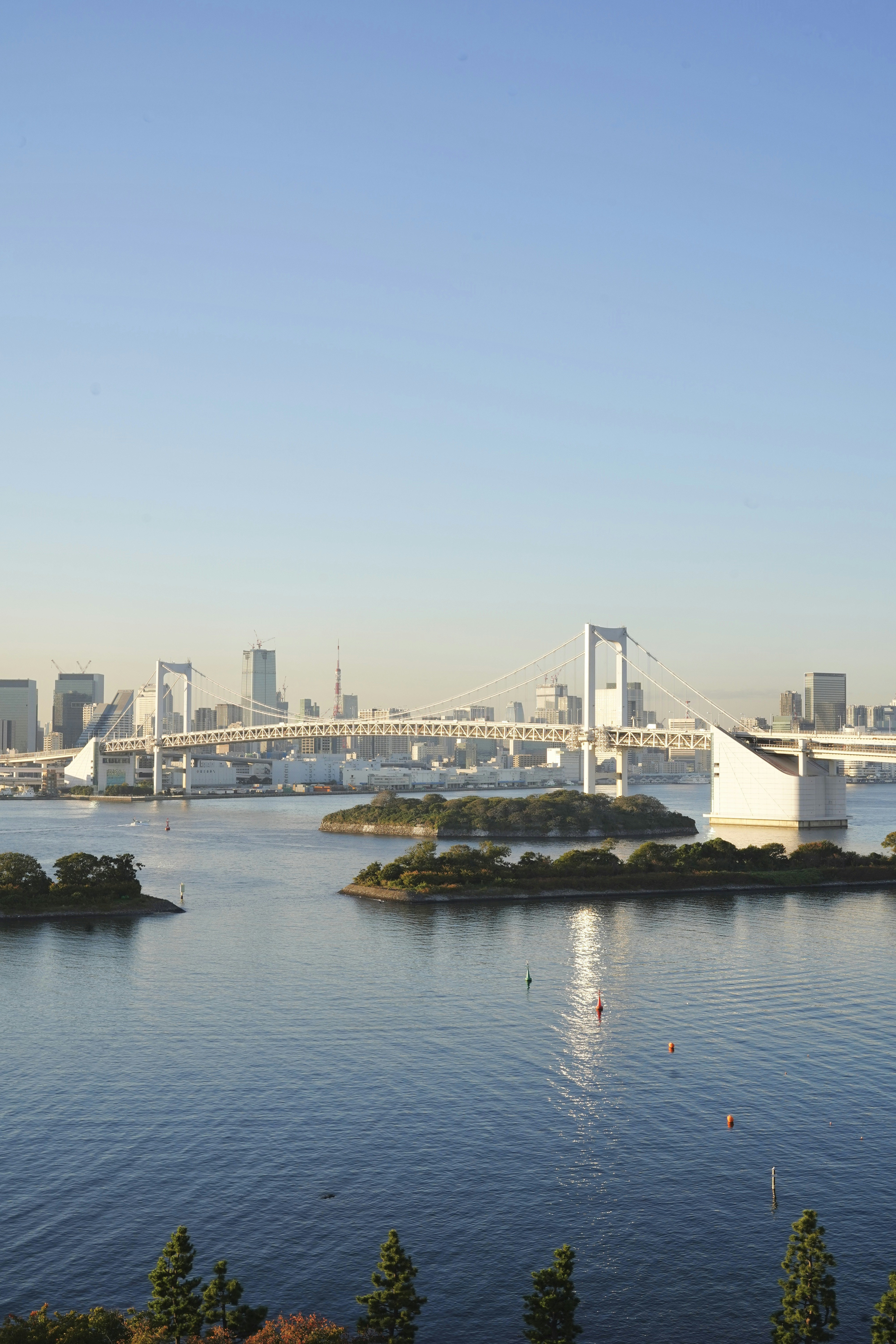 The Rainbow Bridge spans across Tokyo Bay, connecting the vibrant cityscape with tranquil islands. The scene captures a harmonious blend of nature and architecture.