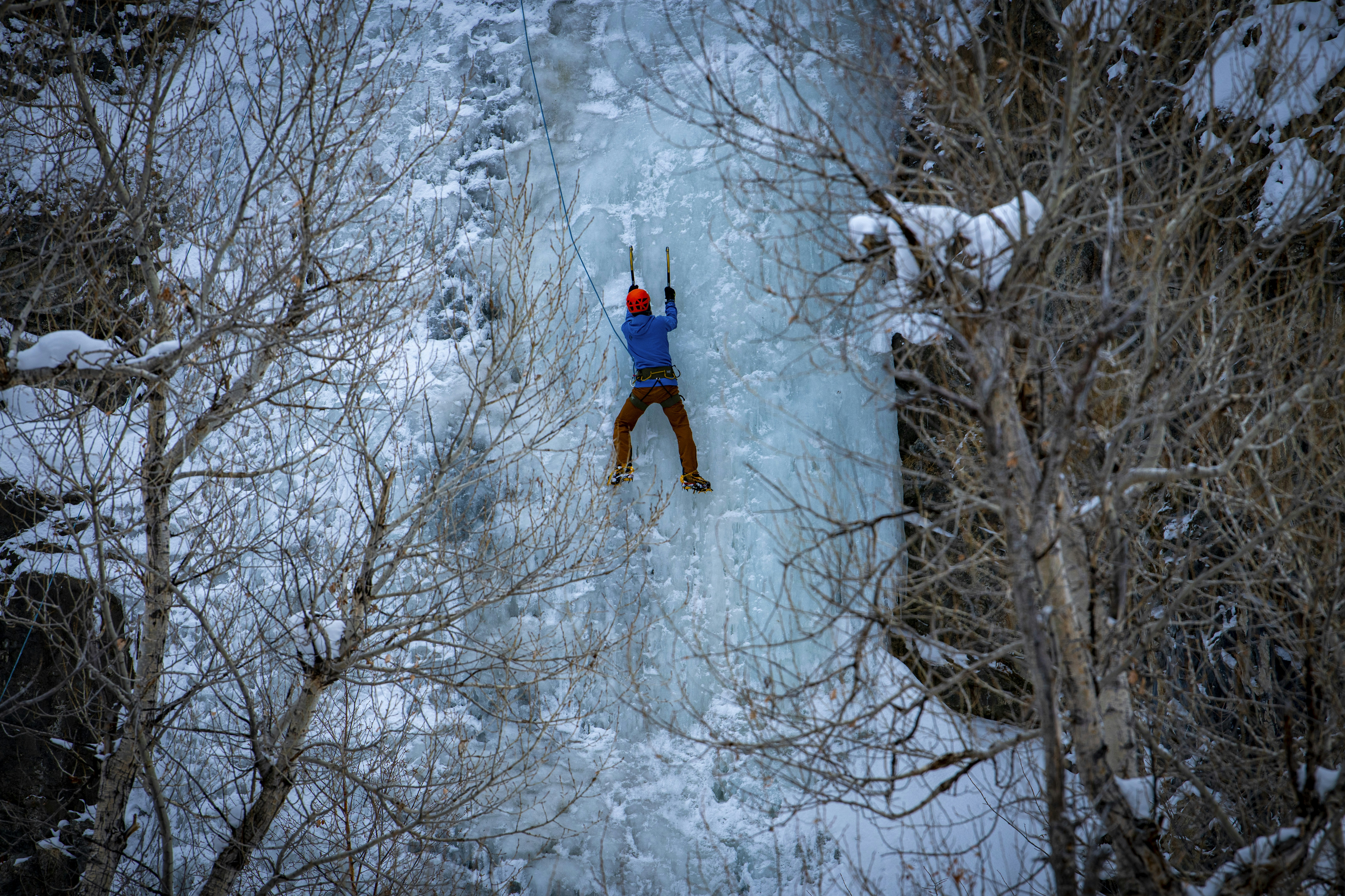 Blue Climber Against a Frozen Cascade: Ice-Blue Highlight Between Winter Branches