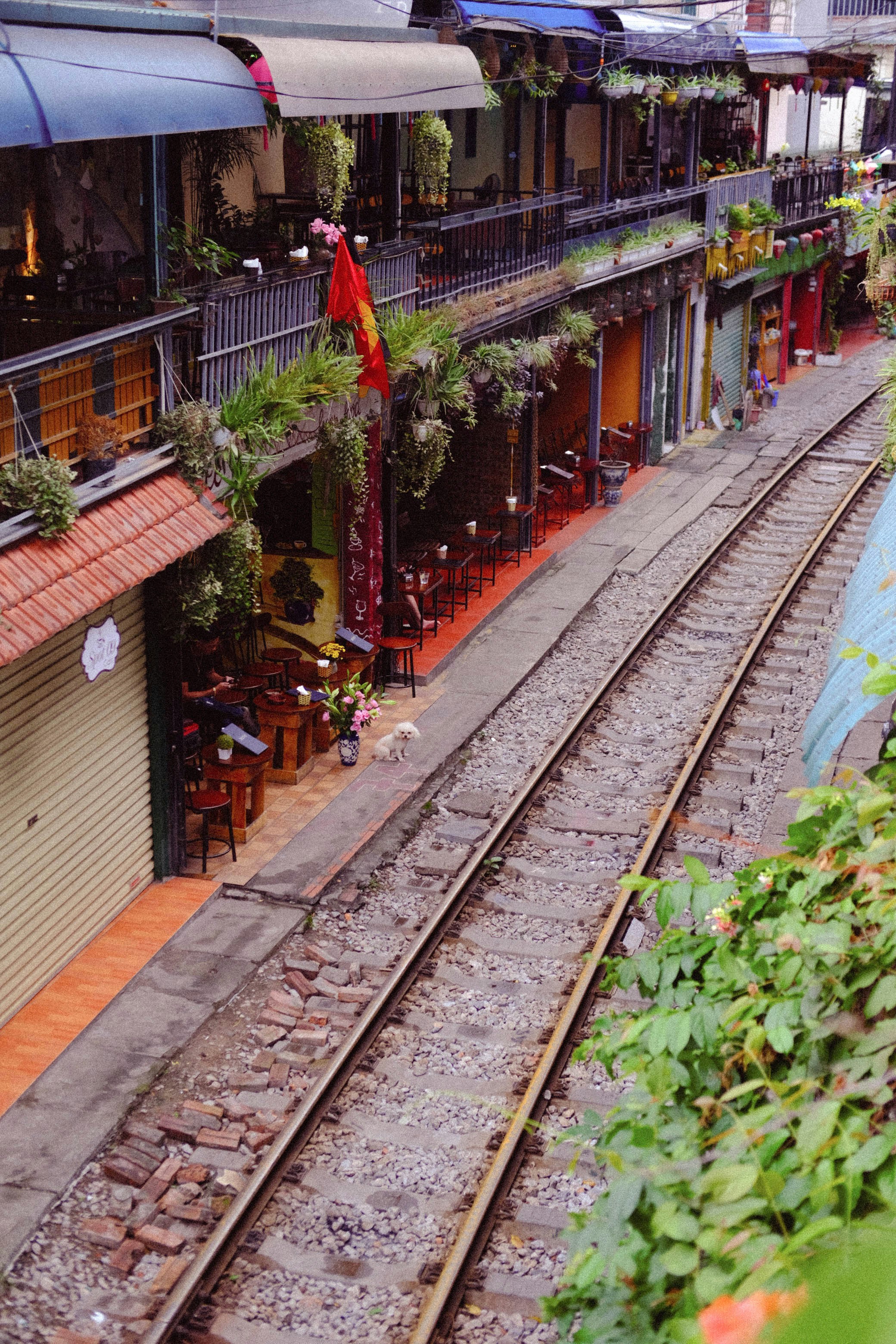 a train track running through a small town