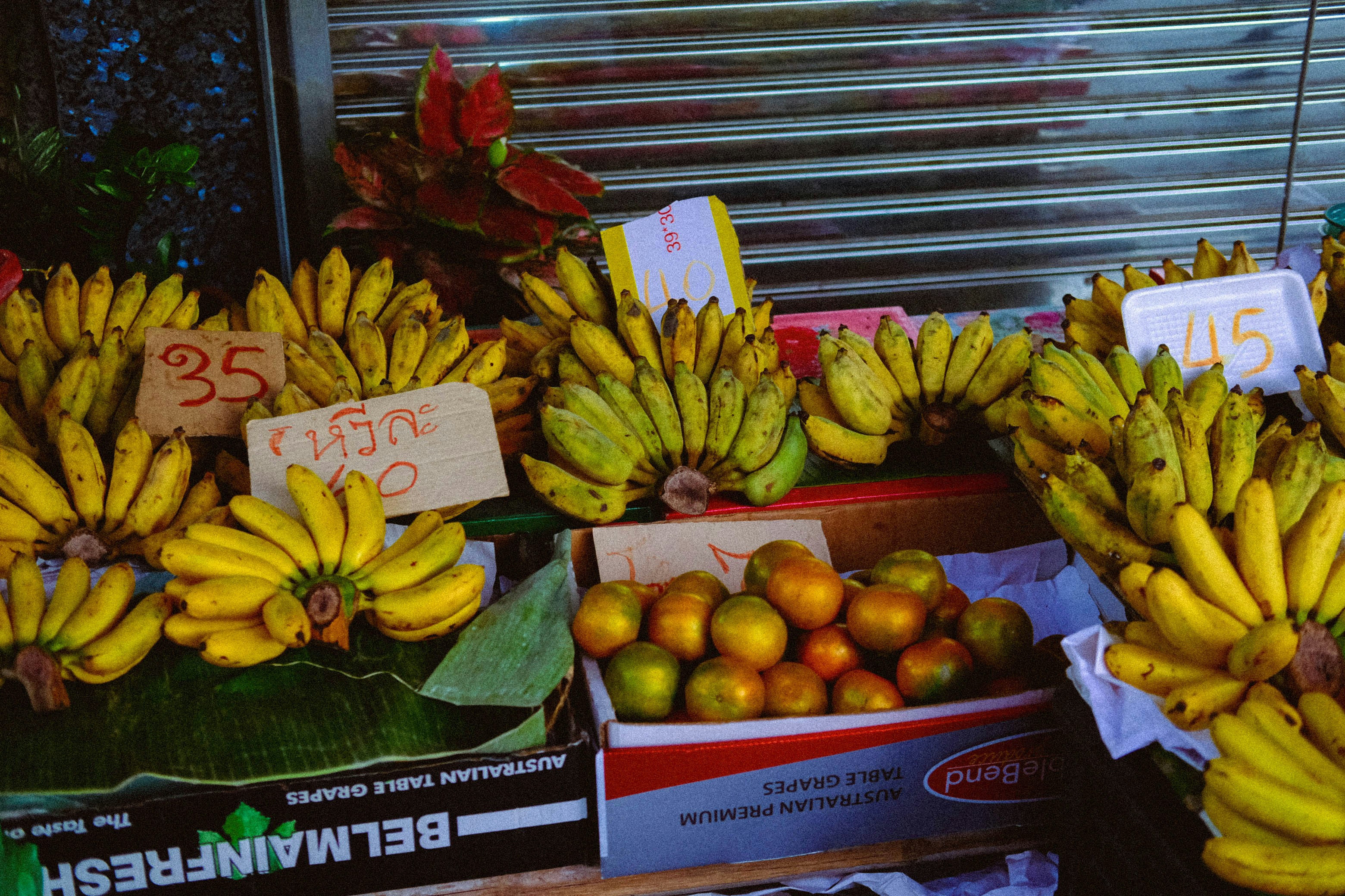 a bunch of bananas sitting on top of boxes of fruit