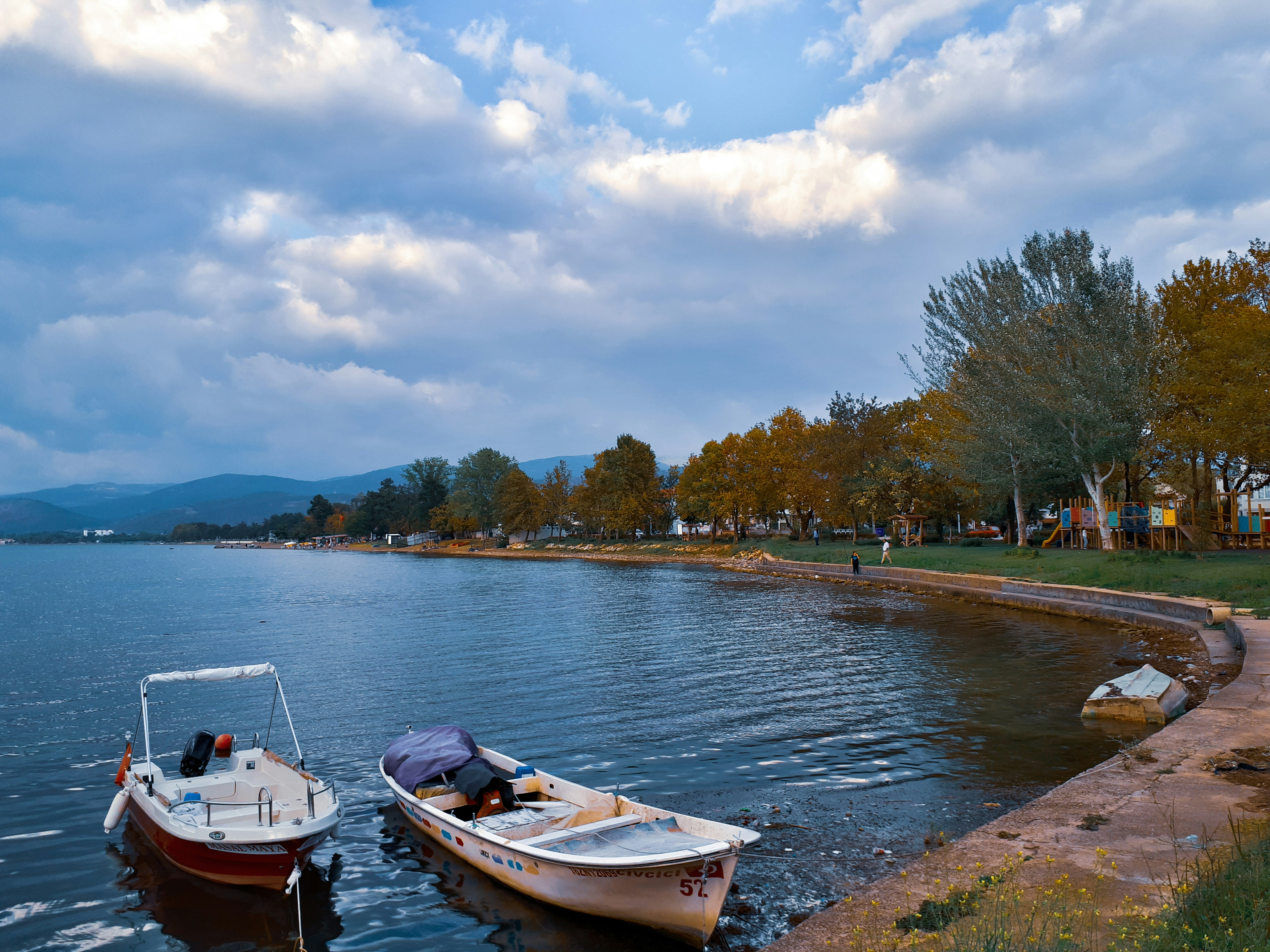 Two boats gently anchored beside a tree-lined lakeshore under a cloud-speckled sky.