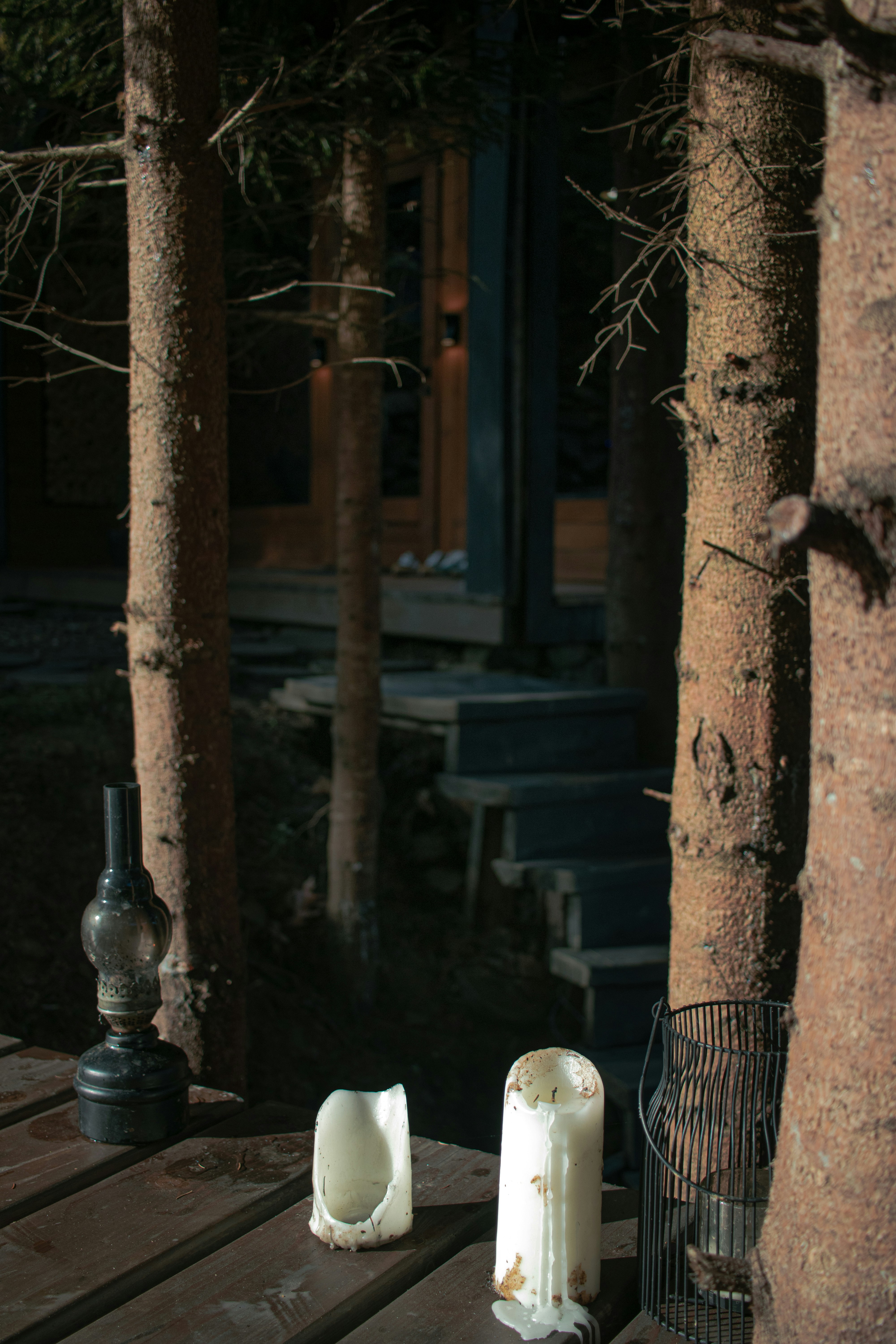 Dusk Candles on a Pine Table: Quiet Light Beneath Silent Pines