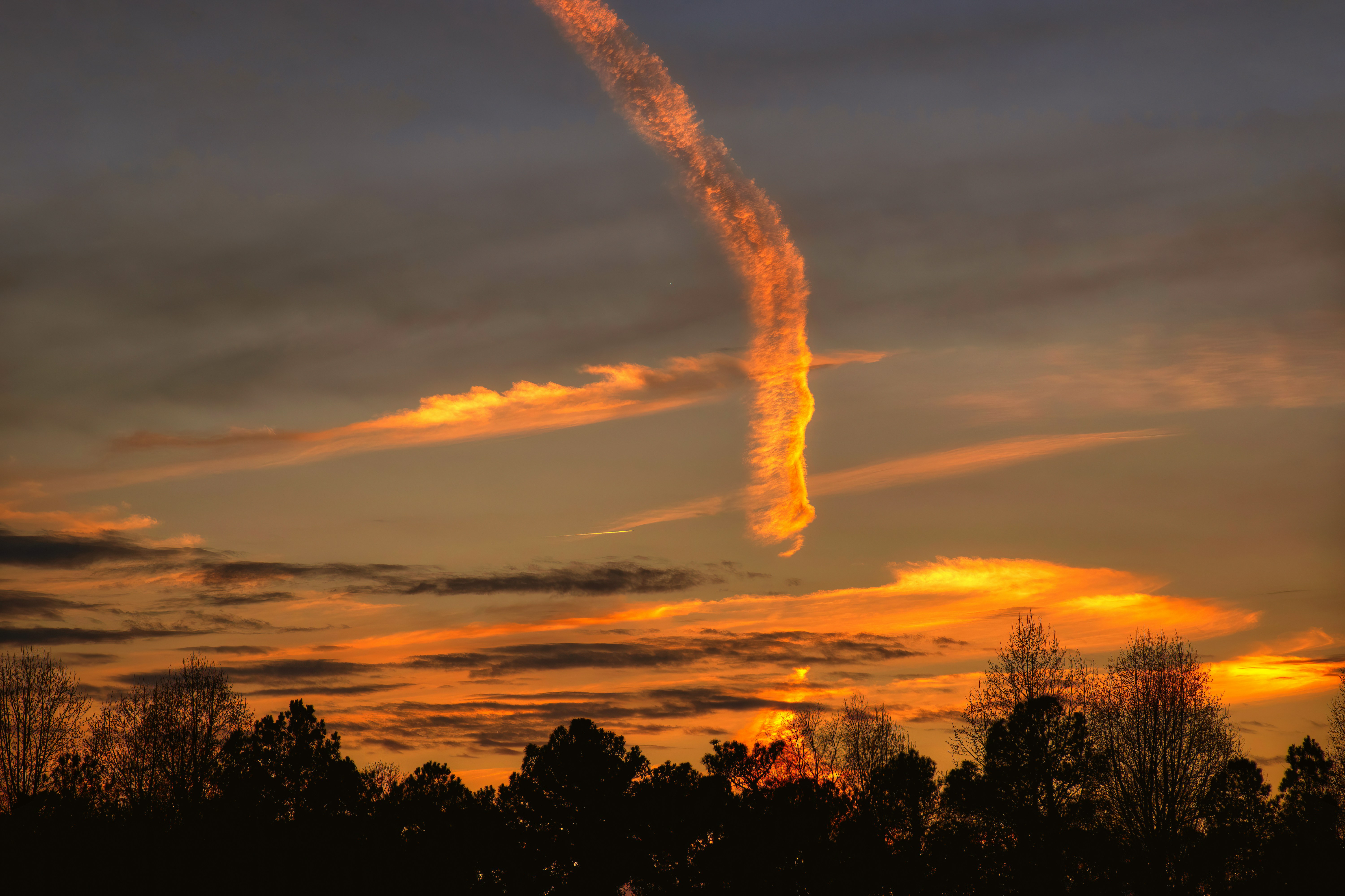 Ember Ribbon Arcs Across a Sunset Sky Over a Quiet Pines Silhouette