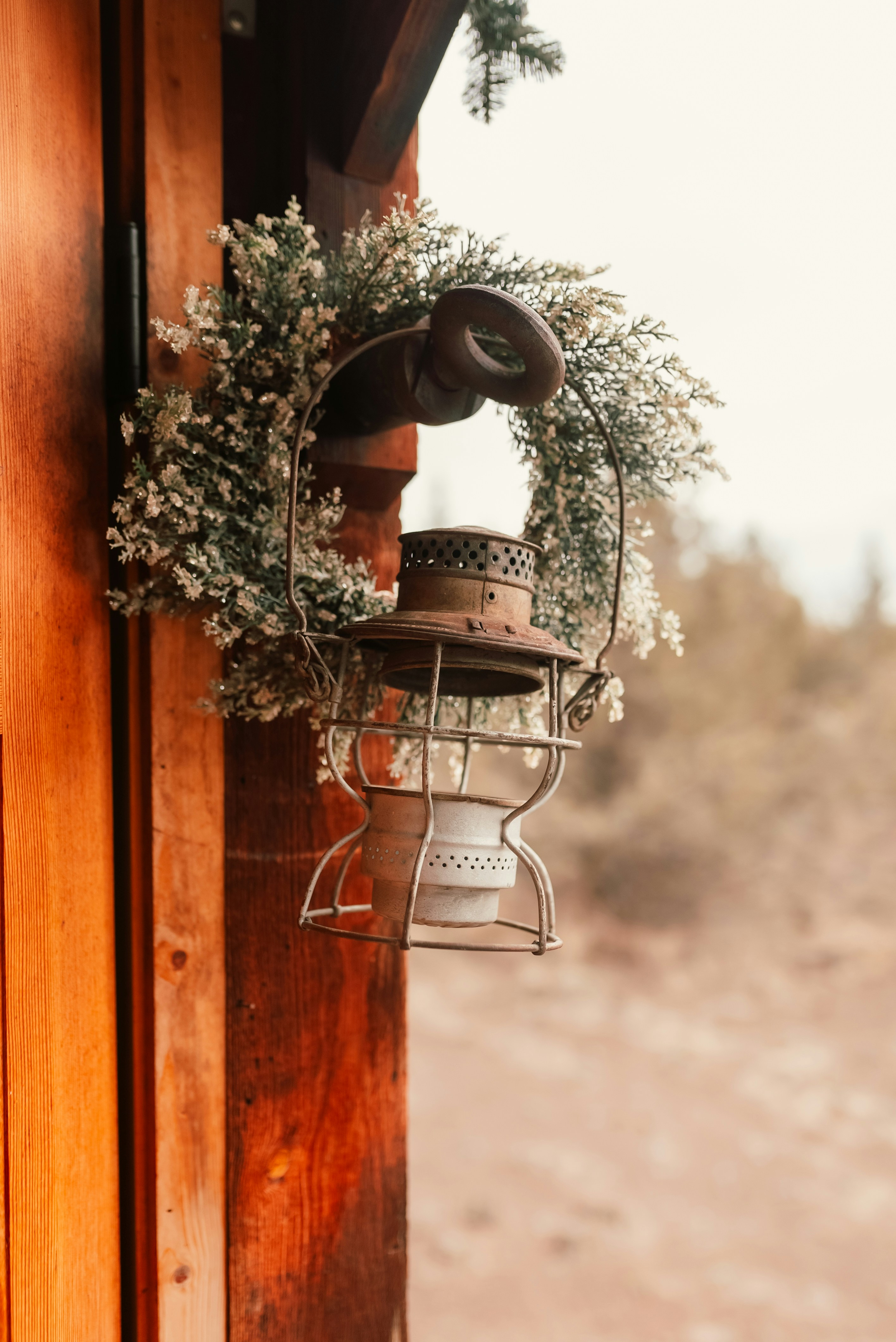 Weathered lantern embraced by wildflowers on a wooden post