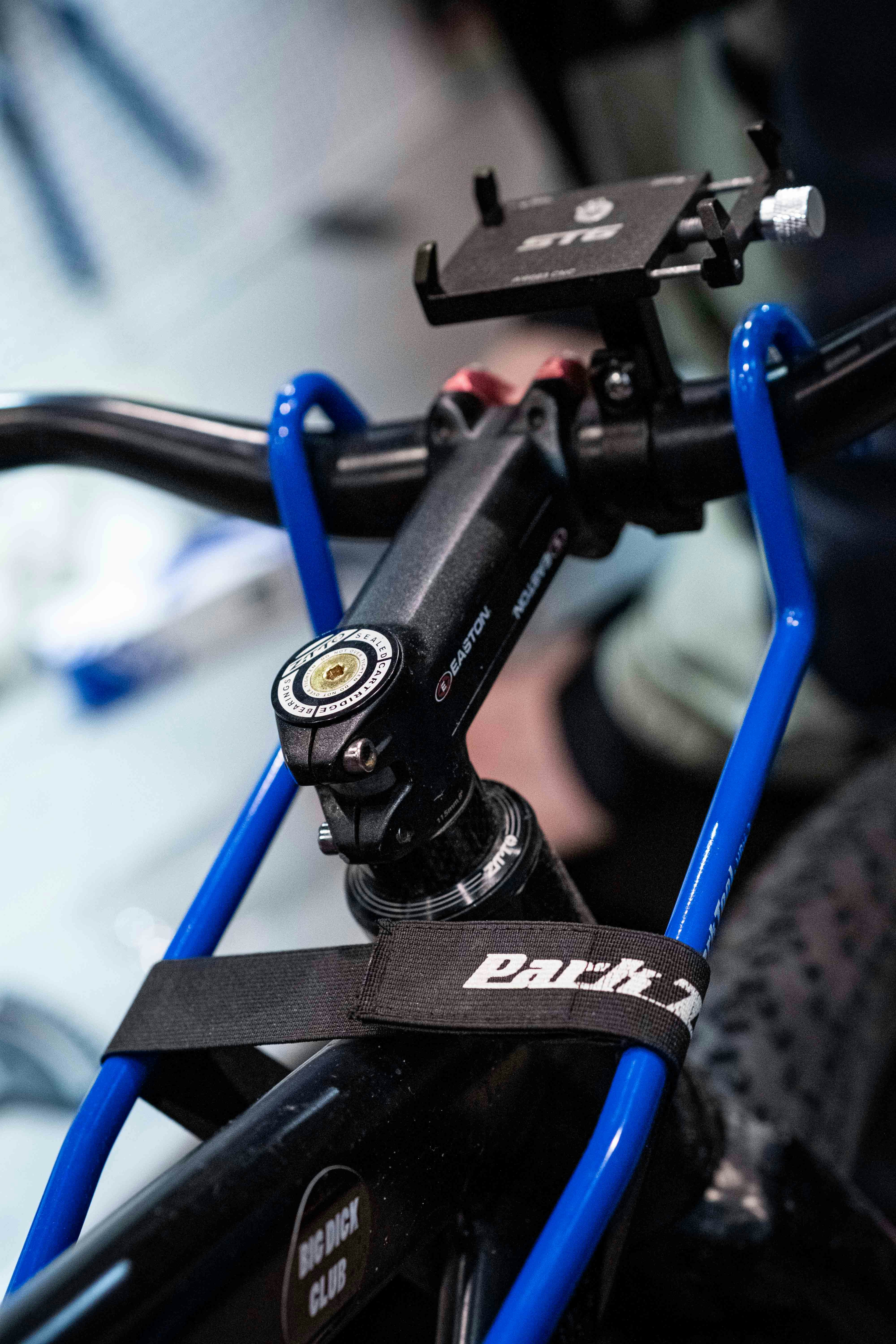 Blue Fork Close-Up: Park Tool Detailing on a Bike’s Front End