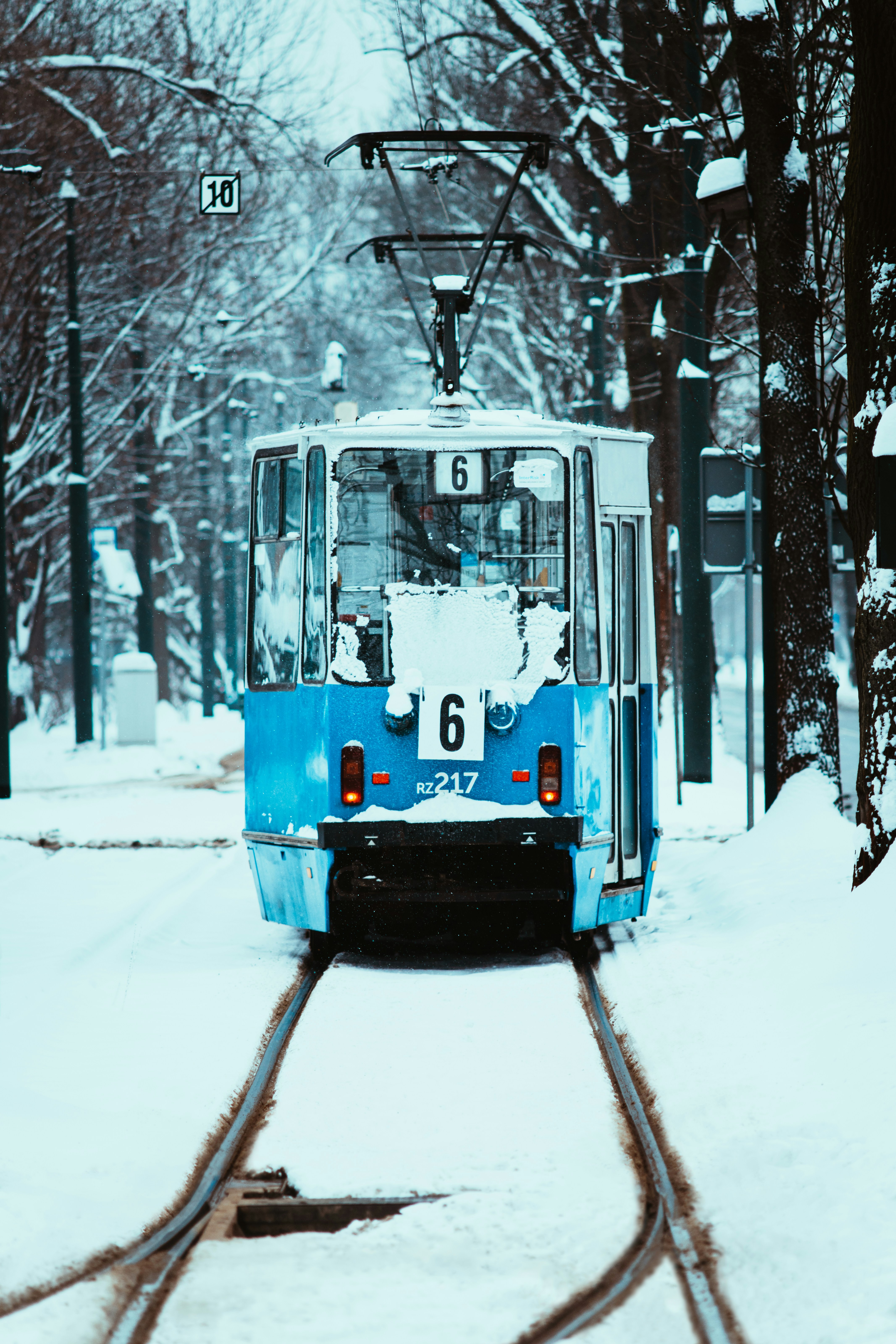 Blue Tram Beckons Through a Snow-Wrapped Avenue