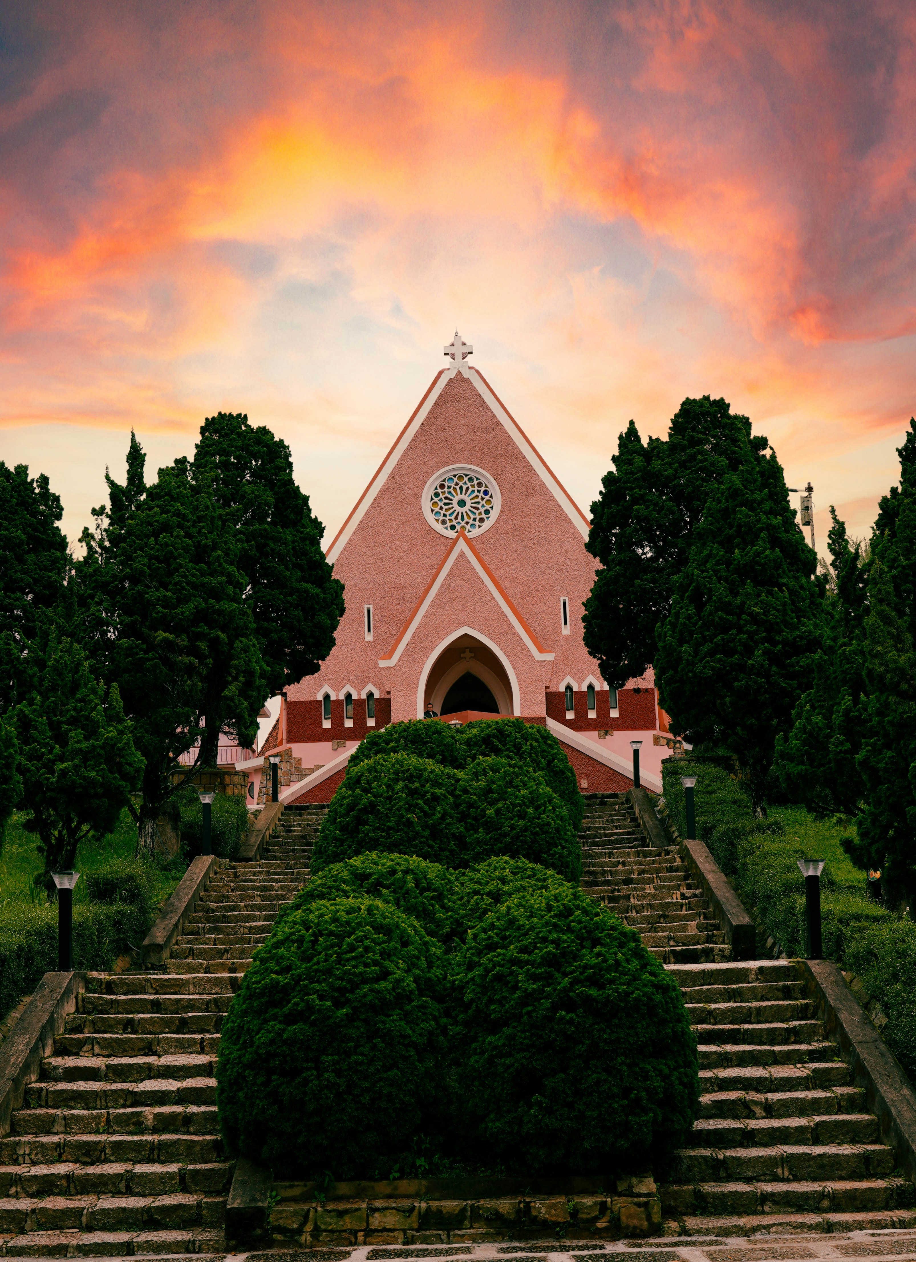 Sunset Staircase to a Pink Gothic Chapel: Steps to a Rose Window Sanctuary