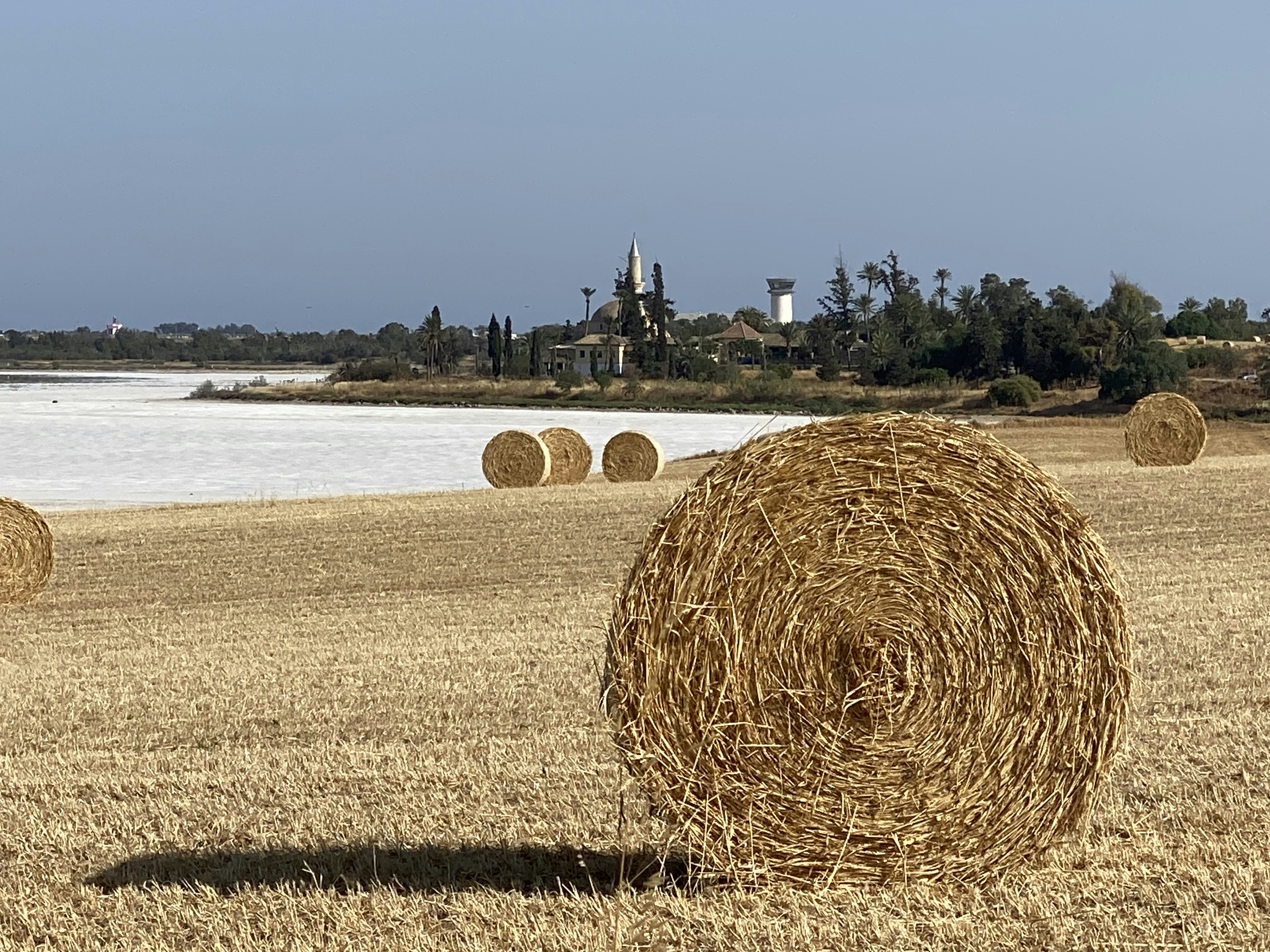 Hay bales dot a sunlit field near a distant village and salt lake under a clear blue sky.