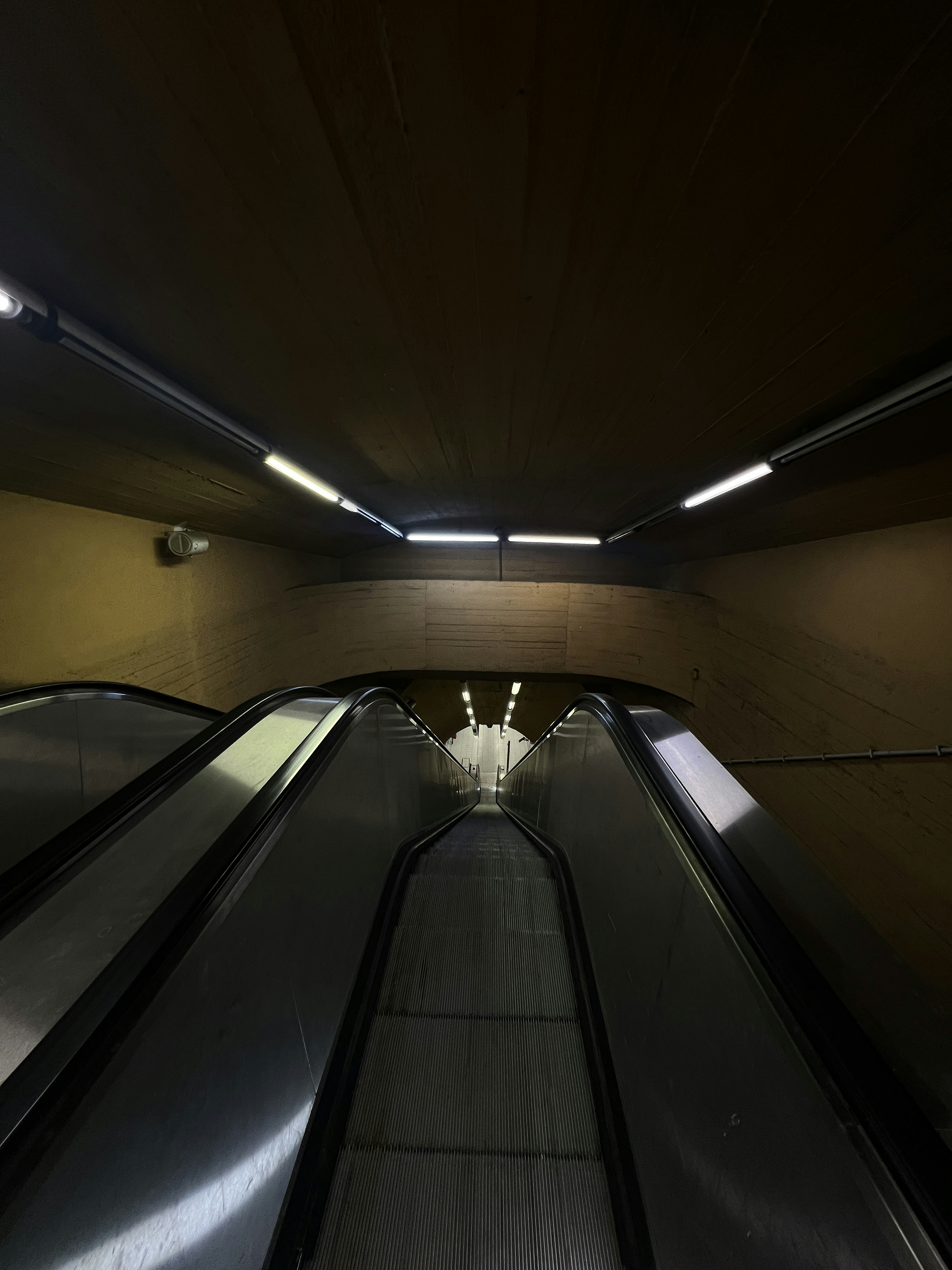 Descent Toward Daylight: Concrete Tunnel Framed by Neon Lines