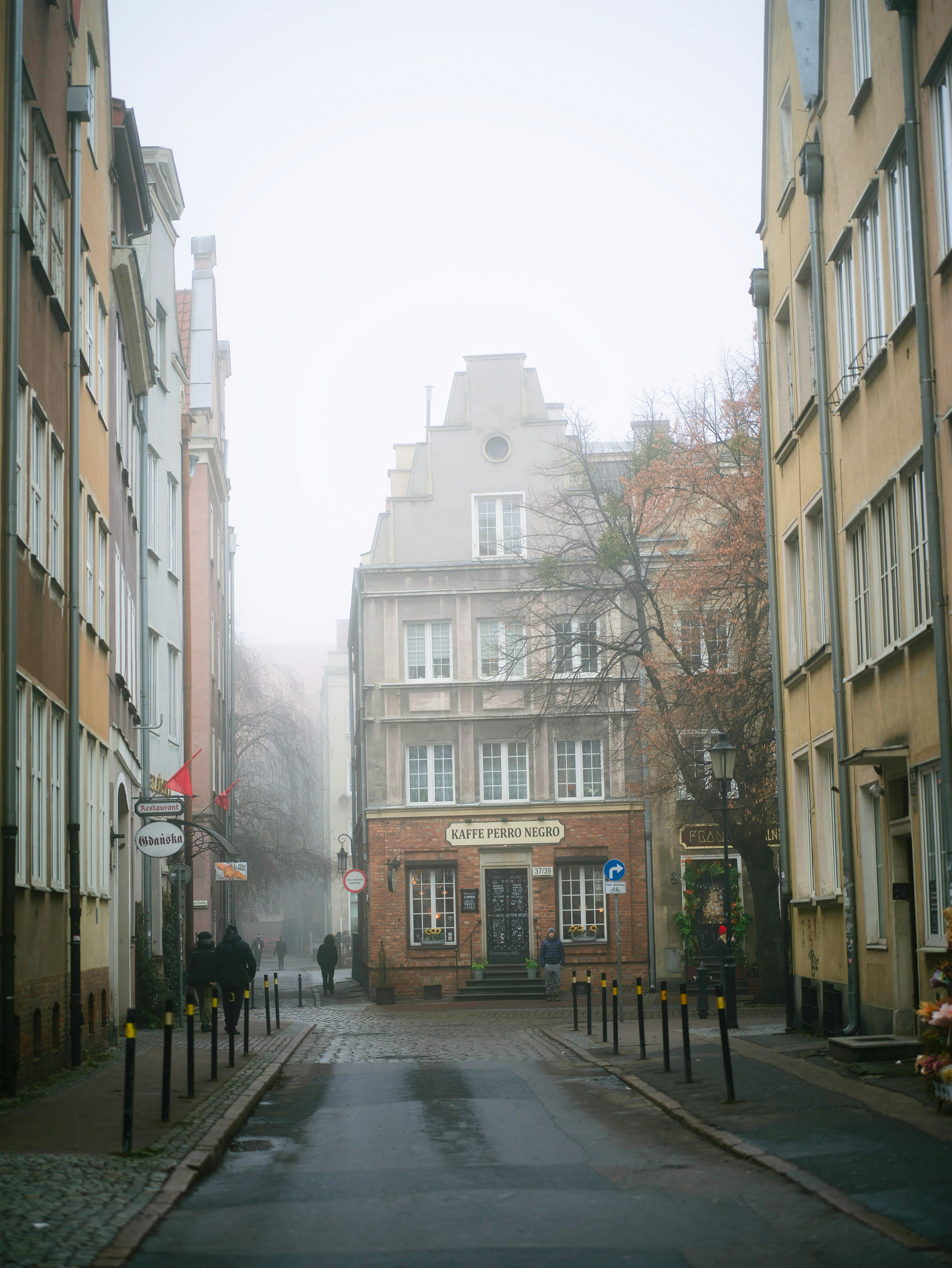 Mist over the Gabled Café on a Quiet European Street