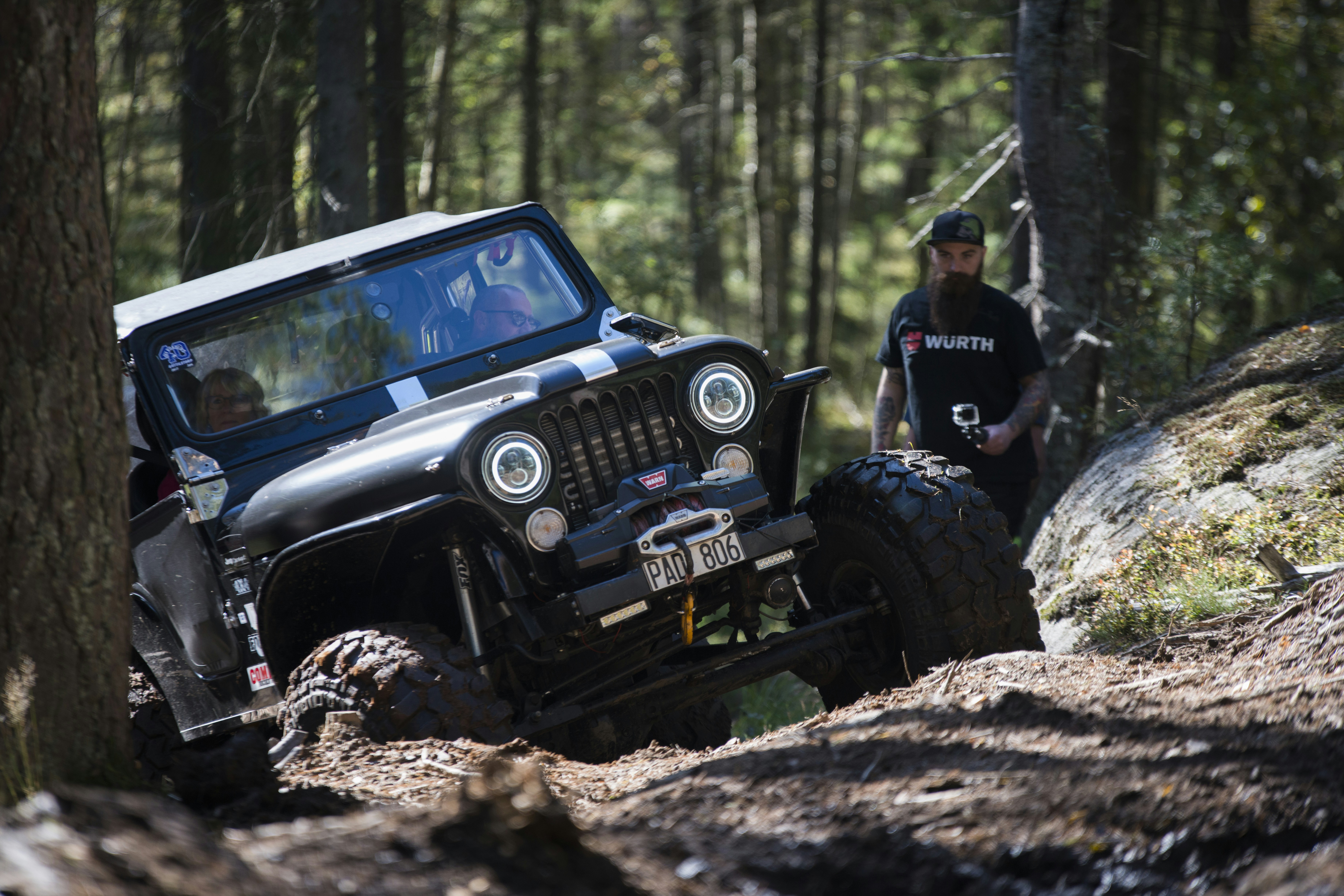 A black jeep driving through a forest filled with trees photo – Free ...