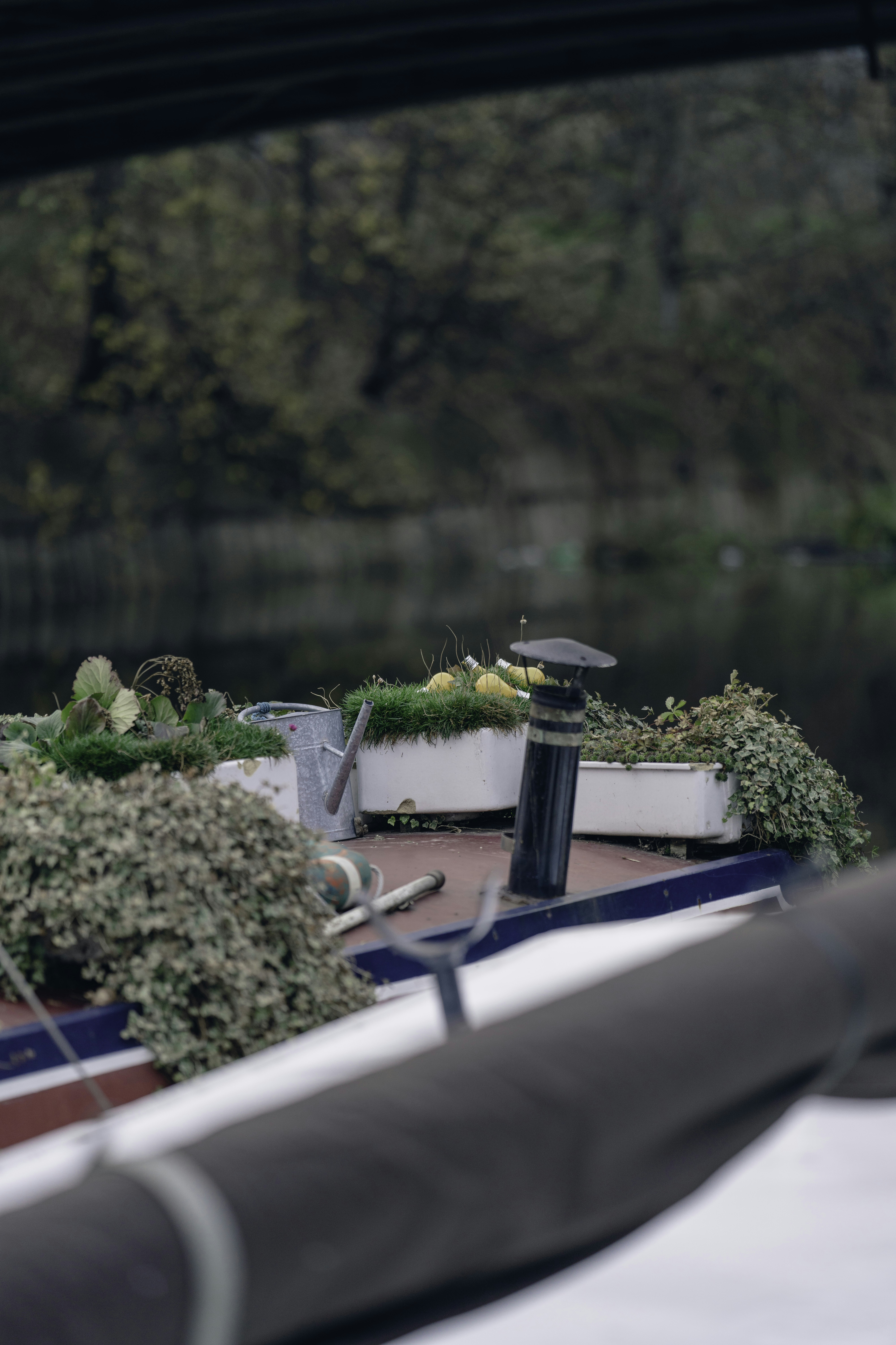 Verdant Deckscape: Plant-Clad Canal Boat Under a Quiet Bridge